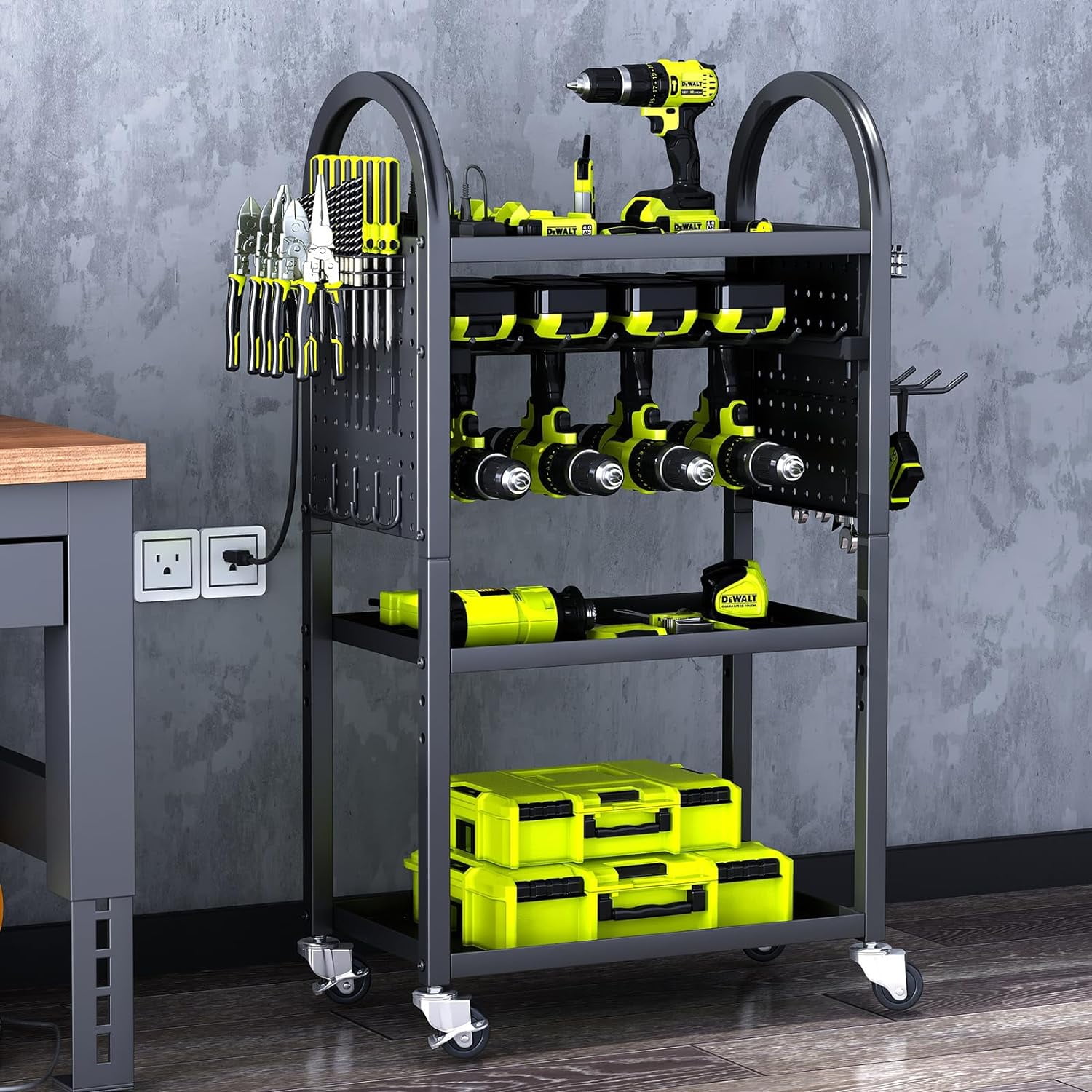 Power Tool Organizer - 4 Tier Rolling Tool Cart with 8-12 Drill Holder ...