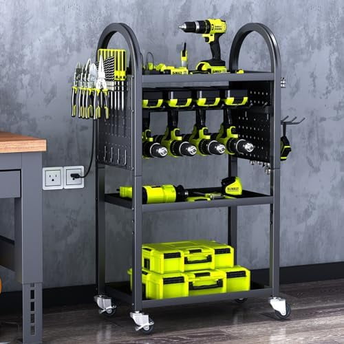 Power Tool Organizer - 4 Tier Rolling Tool Cart with 8-12 Drill Holder ...