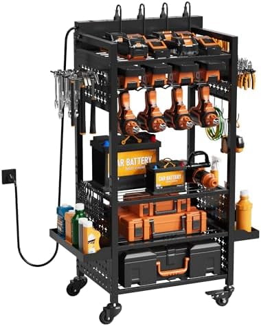 Power Tool Organizer Cart with Charging Station, Black Floor Standing ...