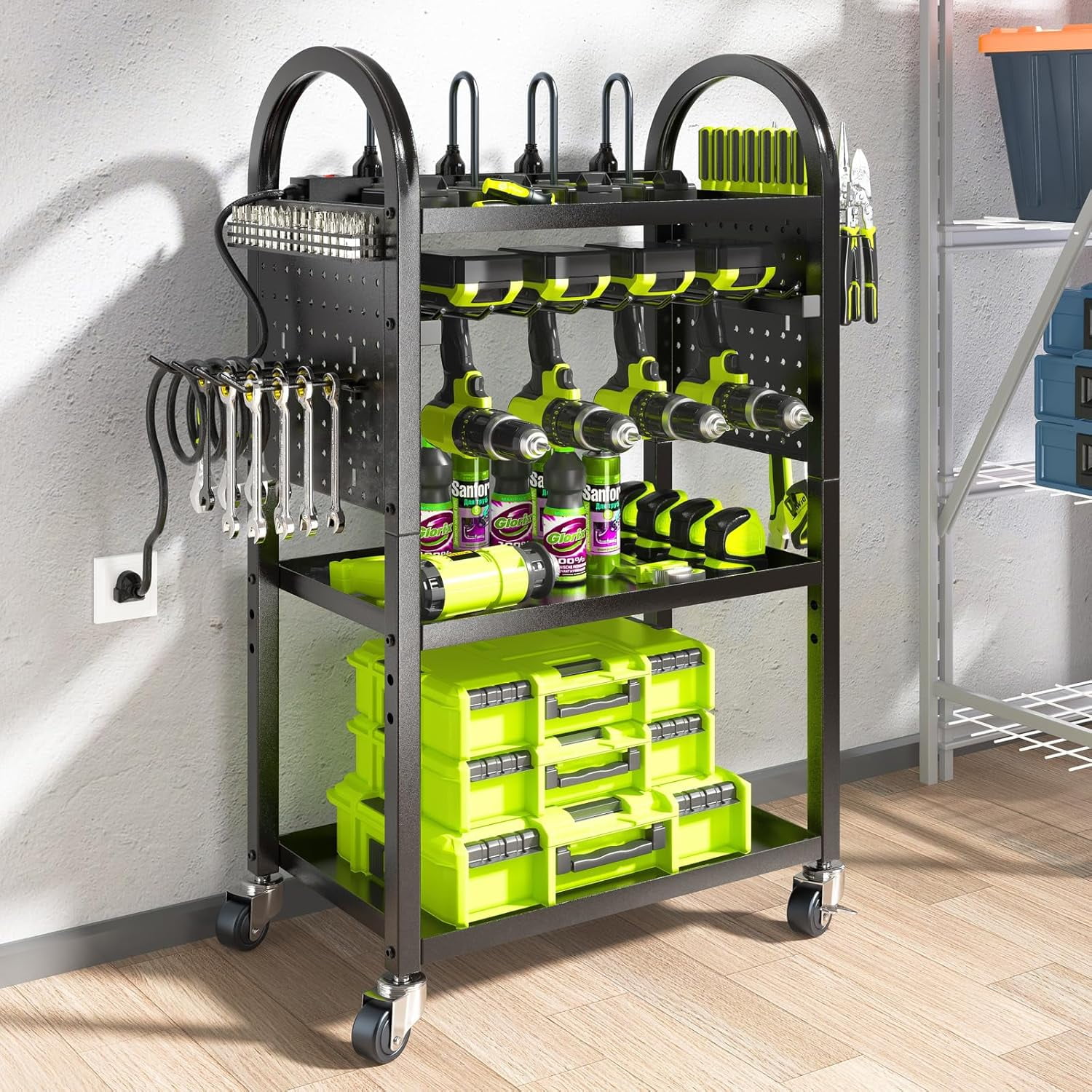 Power Tool Organizer Cart with Charging Station,Garage Floor Rolling ...