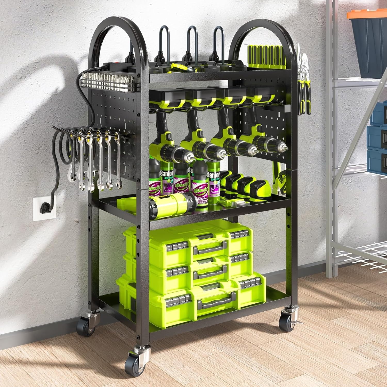 Power Tool Organizer Cart with Charging Station,Garage Floor Rolling ...