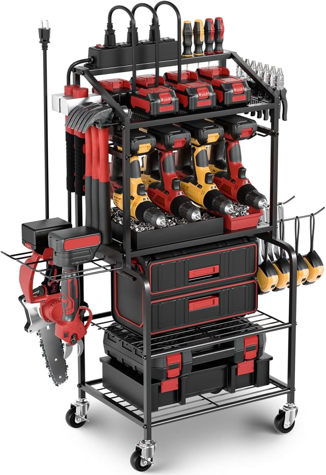 Power Tool Organizer Cart with Charging Station, Garage Floor Standing ...