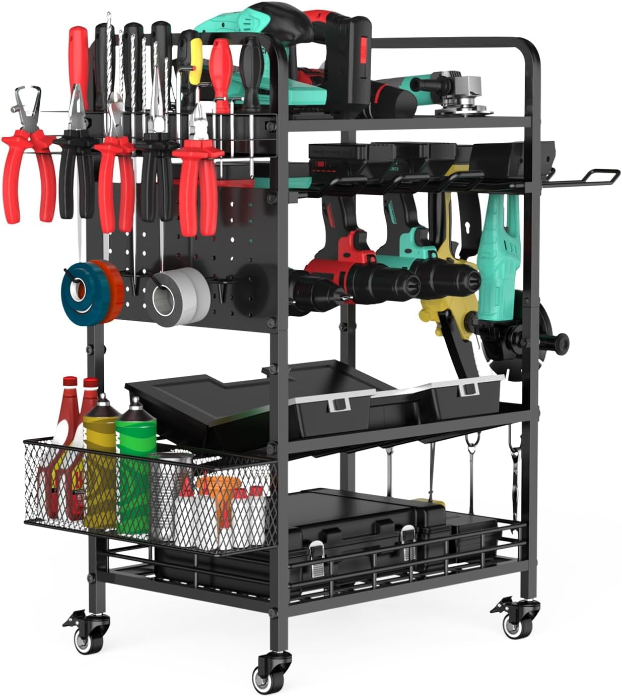 Power Tool Organizer Garage Storage 6 Drill Tool Holder Rack Rolling ...