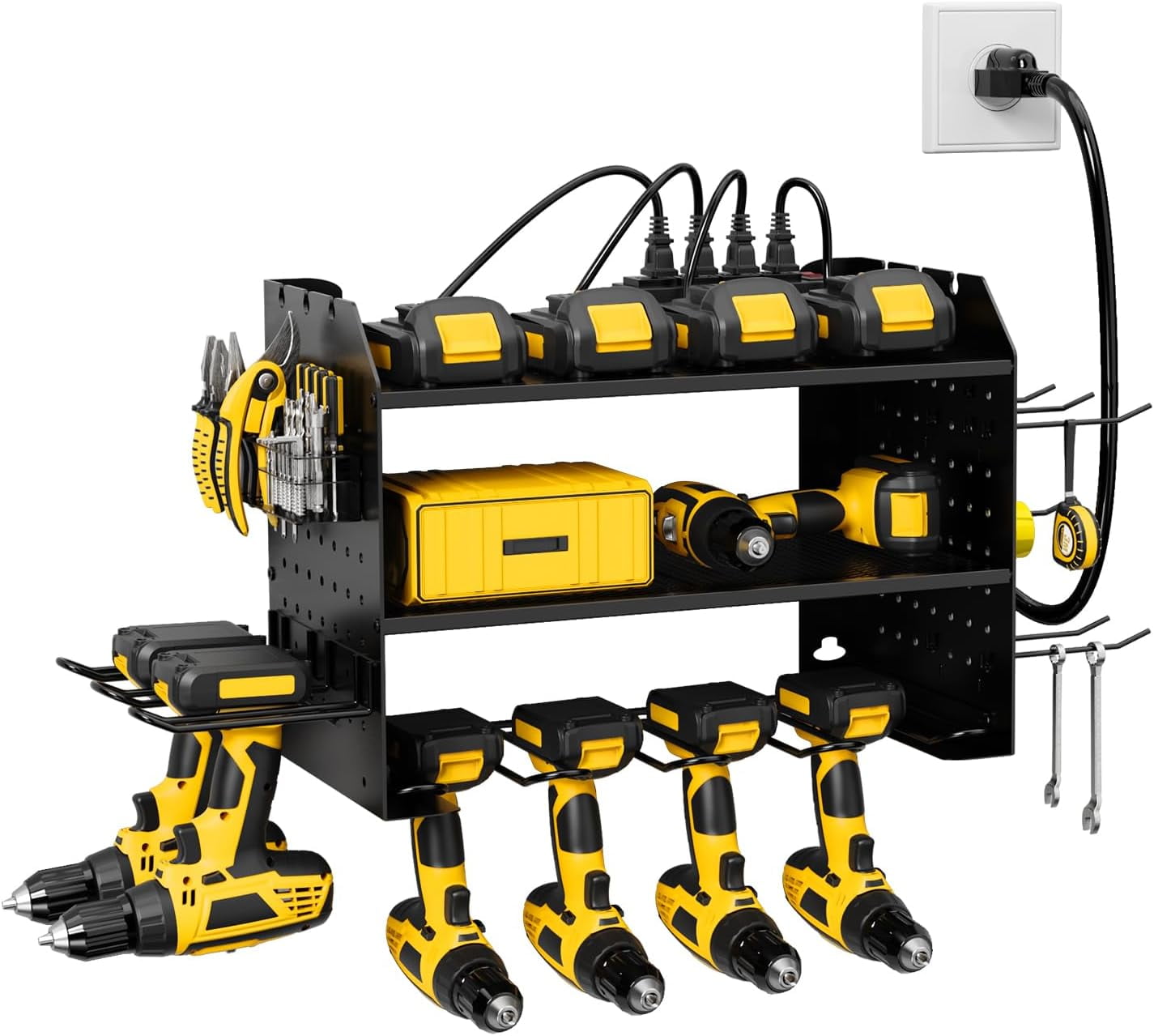 Power Tool Organizer Wall Mount, 3-Tier with 4 Outlet Charging Station ...