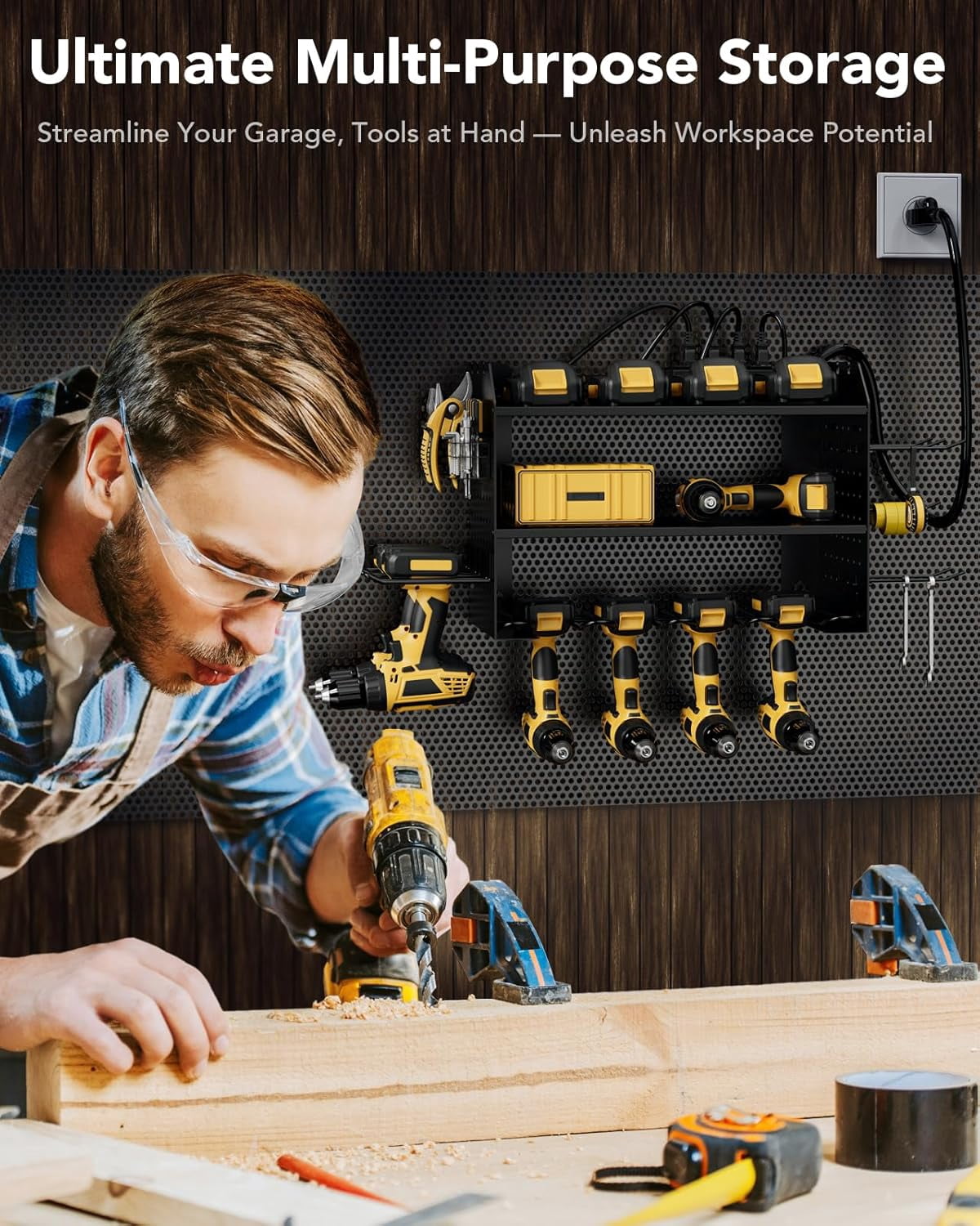 Power Tool Organizer Wall Mount with 4 Outlet Charging Station | Heavy ...