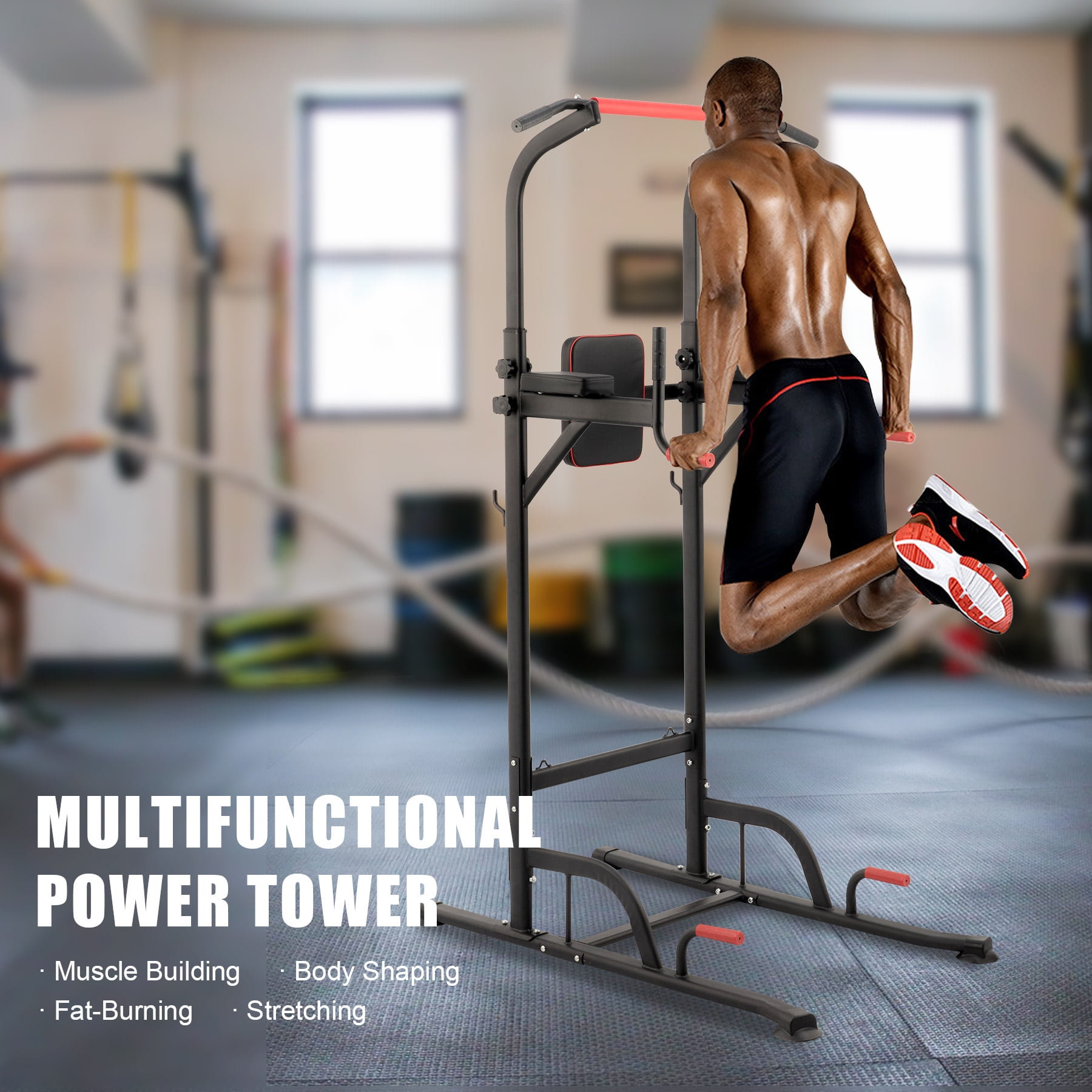 Power Tower Pull Up Bar Dip Station Adjustable Height Home Gym Workout ...