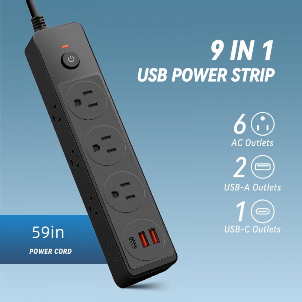 Power board surge protector -4.92 foot long cable with 6 AC sockets and ...
