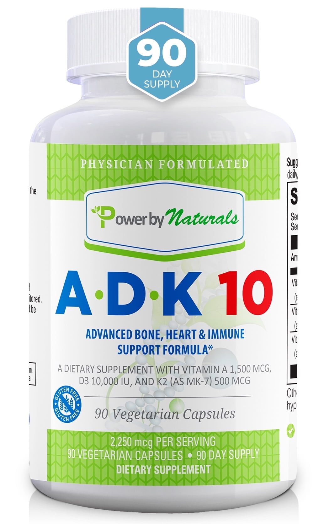 Power by Naturals ADK 10 Supplement, Vitamin A D3 10000 IU K2, Bone ...