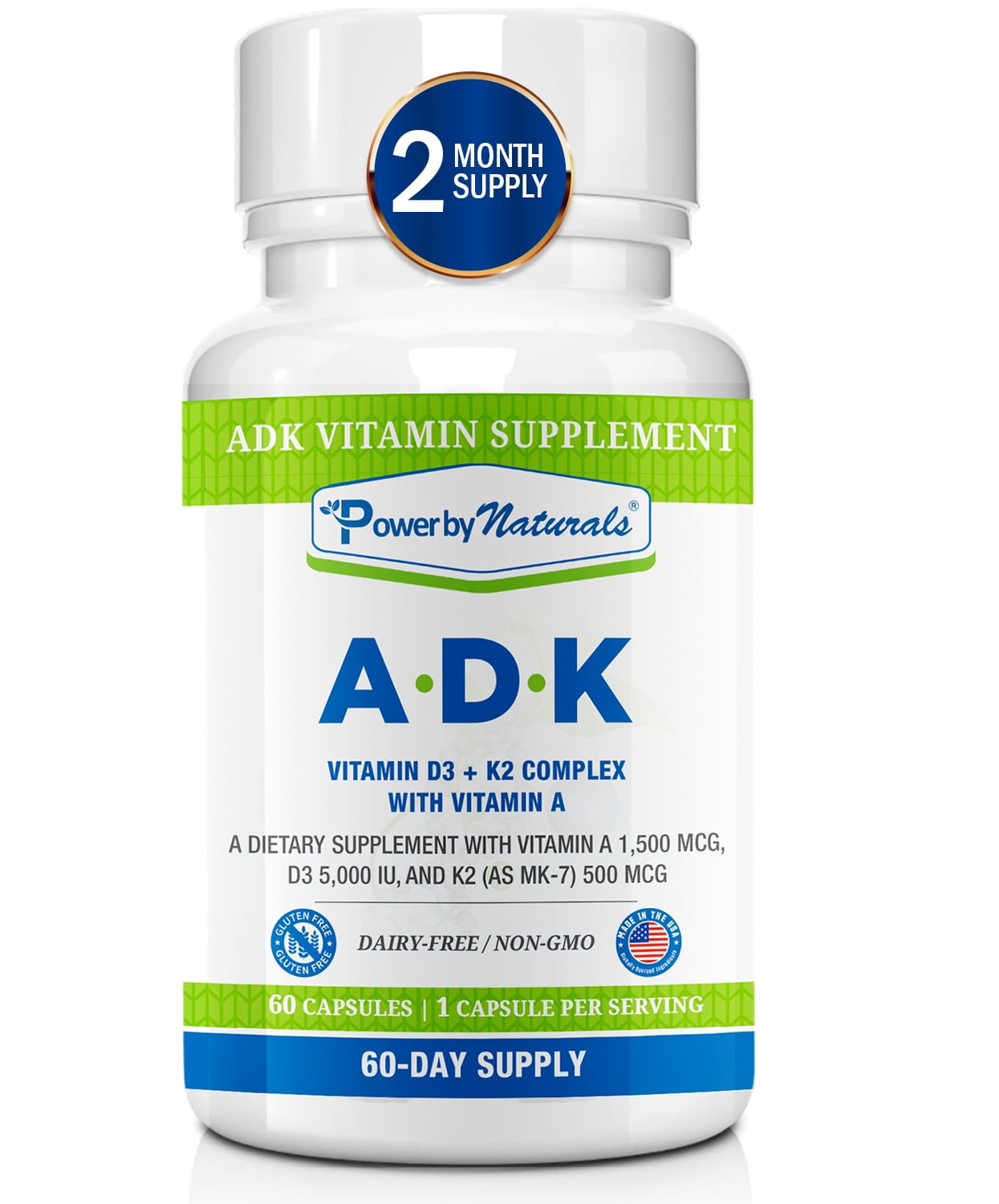 Power by Naturals ADK Vitamin Supplement, Vegetarian 5000 IU A D3 K2 ...