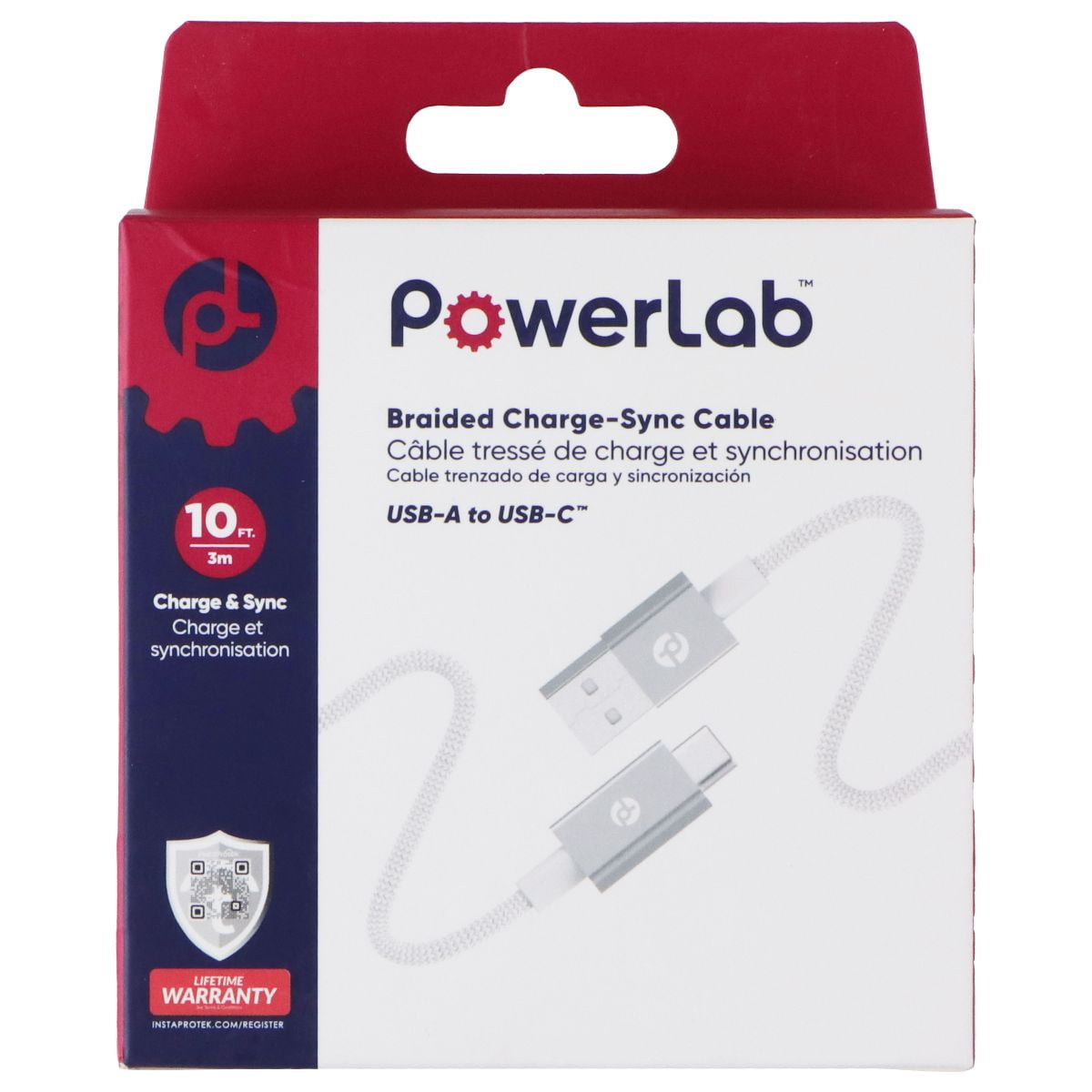 PowerLab 10-Ft Braided Charge-Sync USB-A to USB-C Cable - White/Silver - Walmart.com