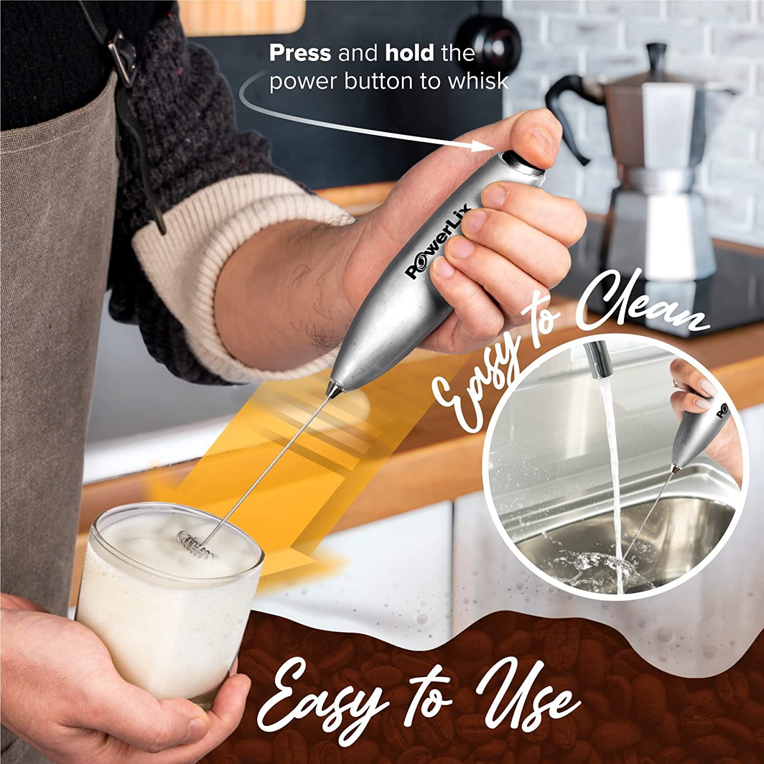 PowerLix Milk Frother Handheld Battery Operated Electric Whisk Foam ...