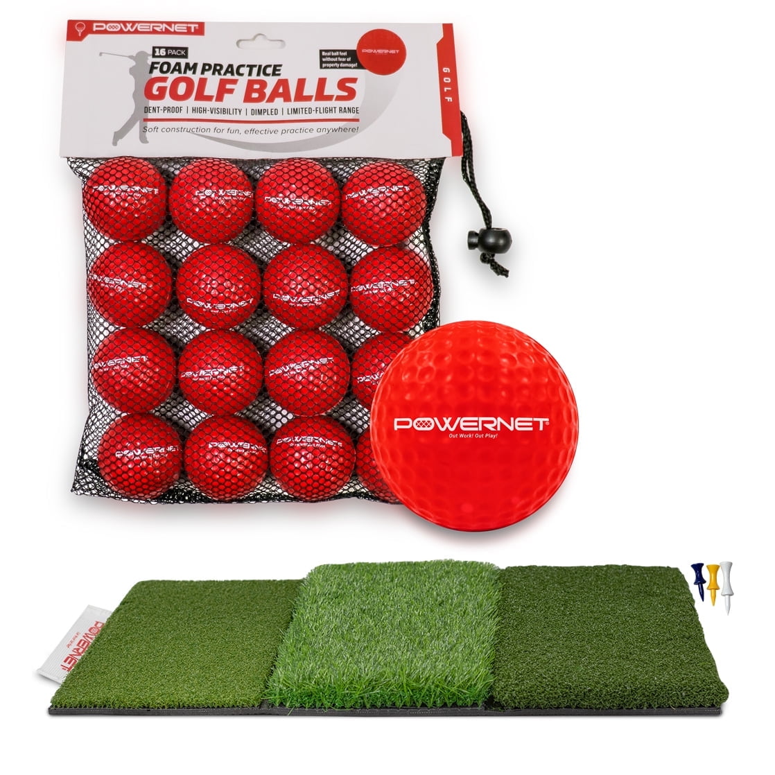 PowerNet Foam Golf Balls & Tri-Turf Mat Bundle, Portable 25" x 16 ...