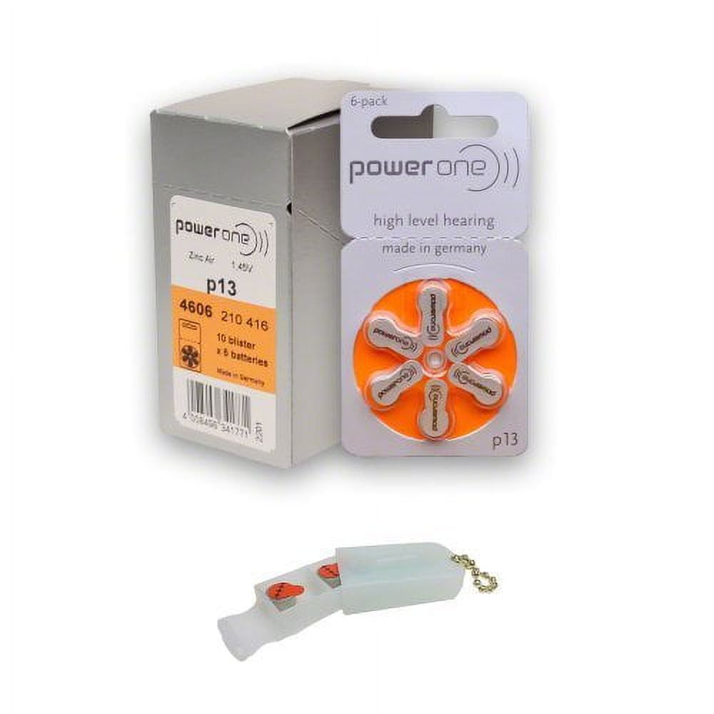 PowerOne Size 13 Hearing Aid Batteries PR48, 60 Pack with Free 2 Cell Battery Keychain Kit ...