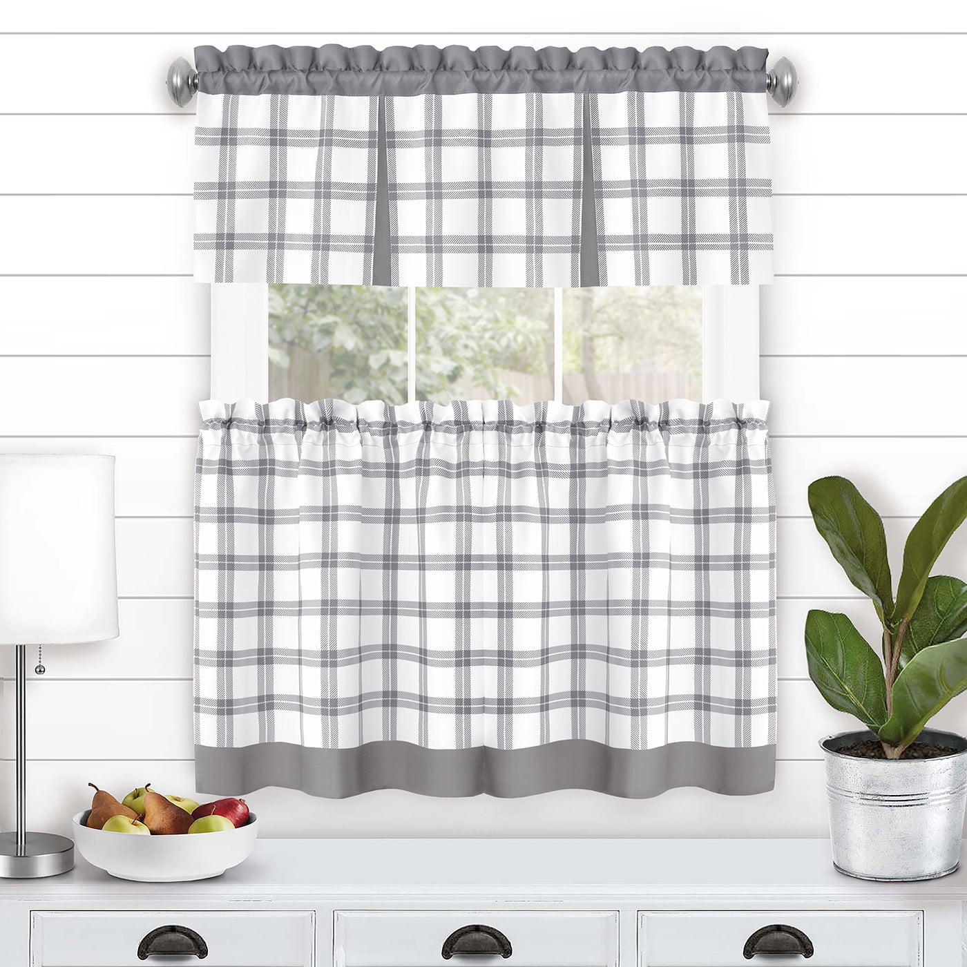 PowerSellerUSA Semi-Sheer Two-Tone Modern Kitchen Curtain with Classic ...