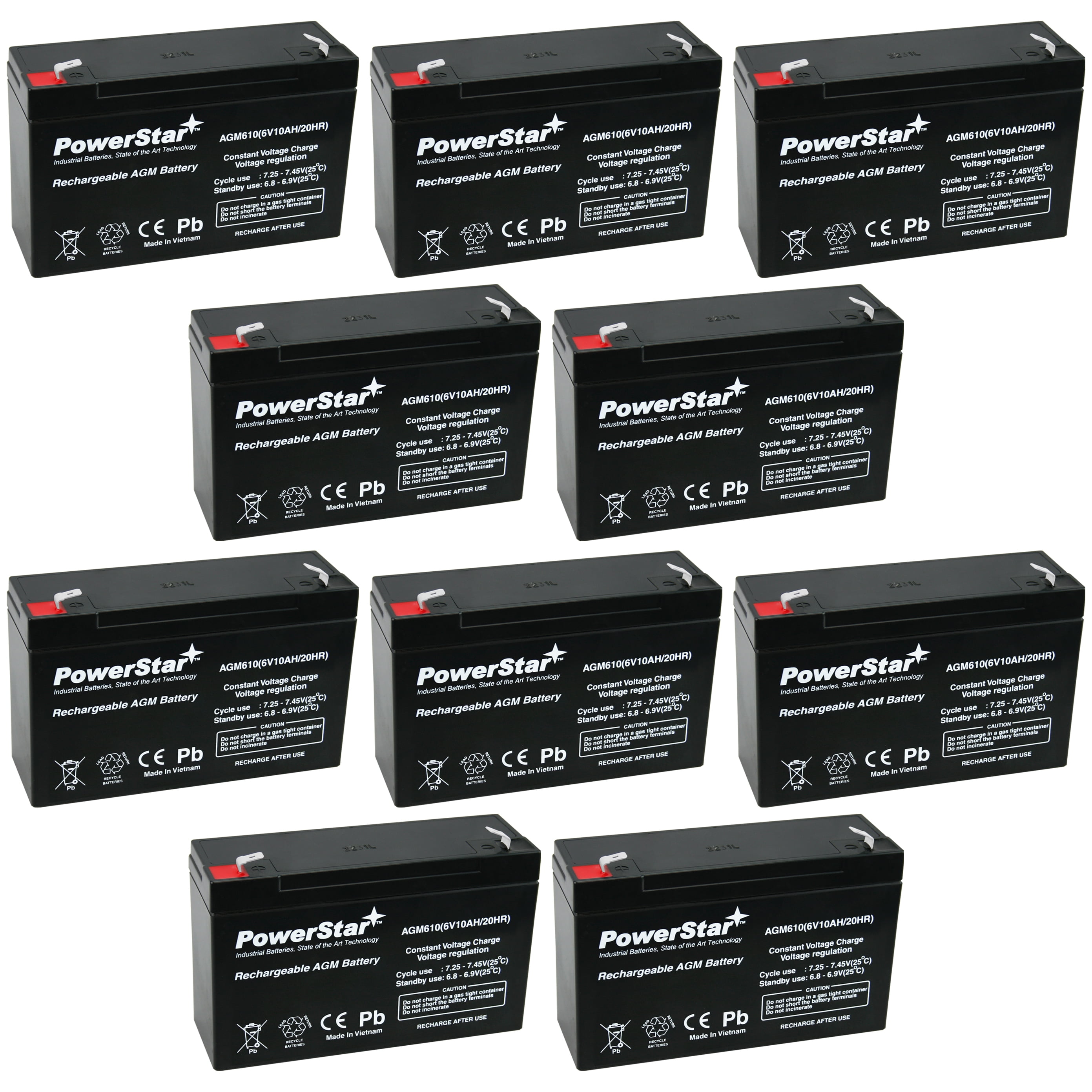 PowerStar AGM610 SLA AGM Battery 6V 10AH .187 TT - Pack of 10 - Walmart.com