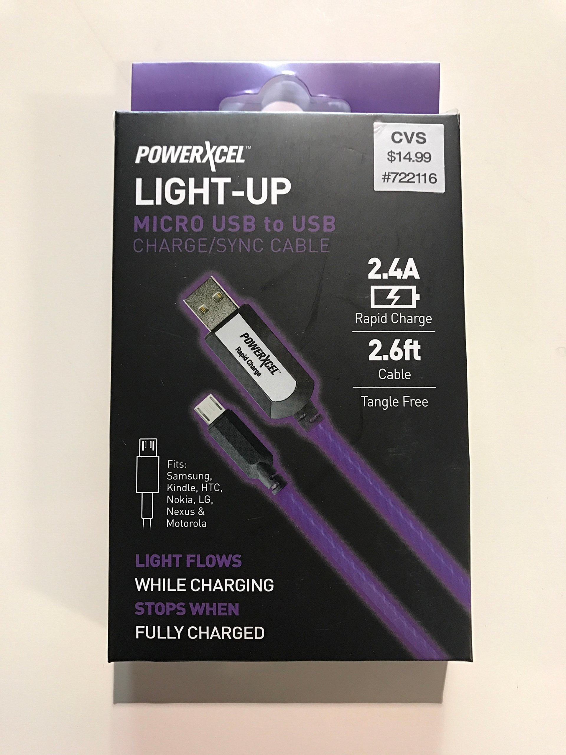 PowerXcel Light Up Micro USB to USB Charge/Sync Cable, 2.4Amp, 2.6ft ...