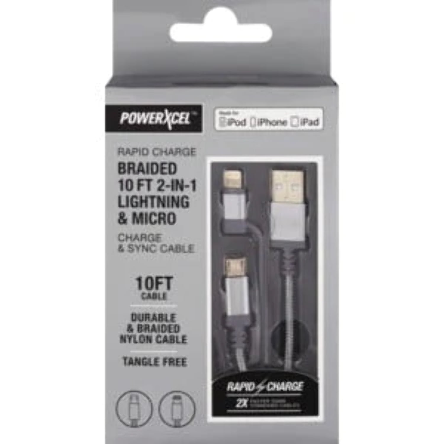 PowerXcel Rapid Charge Braided 2-in-1 Micro Charge Sync Cable, Silver ...