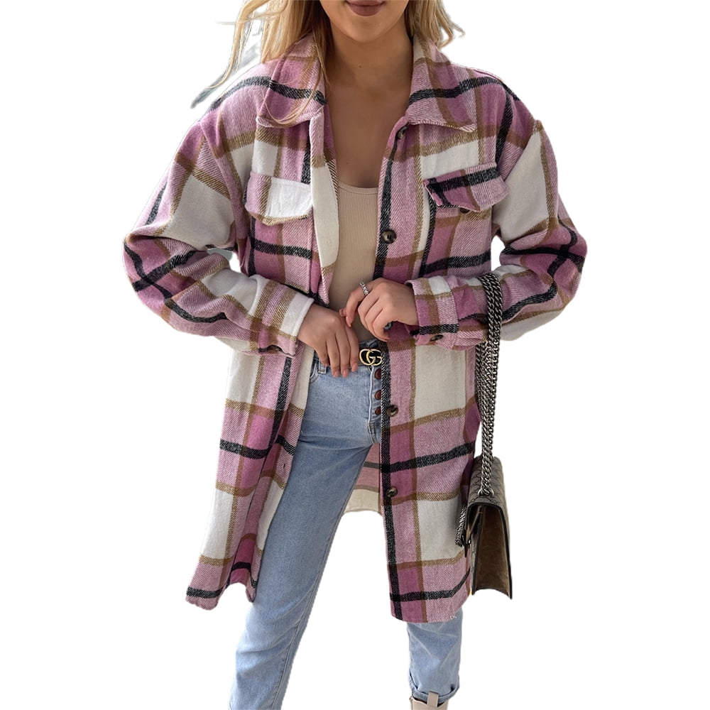 Powerdelux Women's Fall Color Block Plaid Flannel Shacket Jacket Button ...