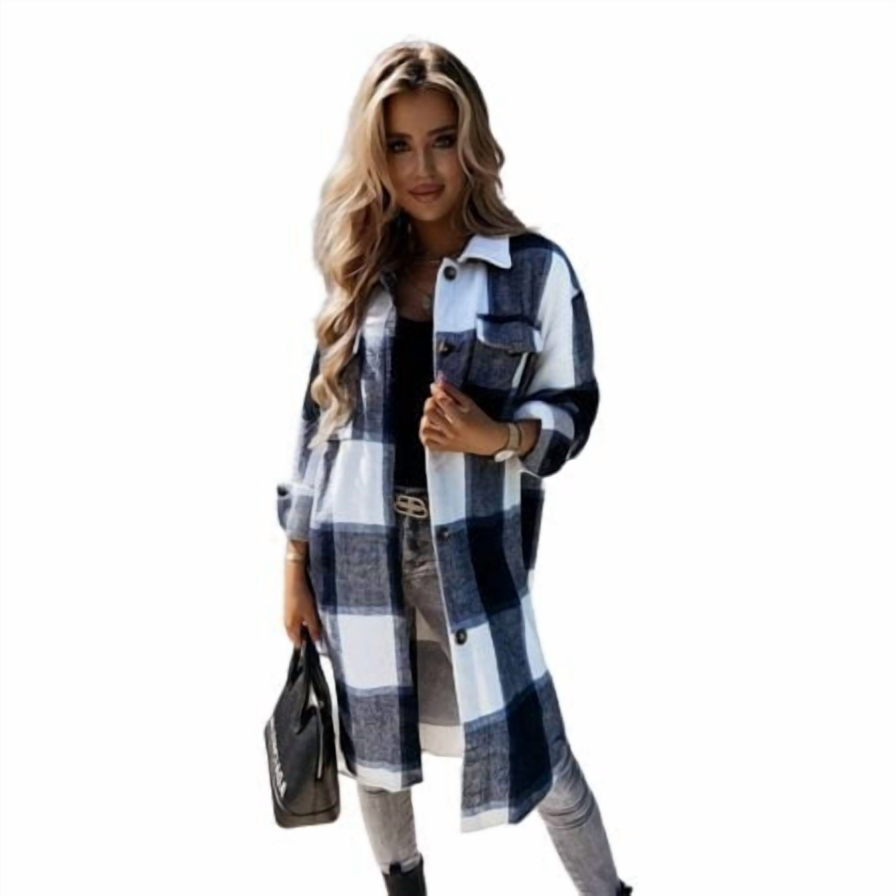 Powerdelux Women's Fall Color Block Plaid Flannel Shacket Jacket Button ...