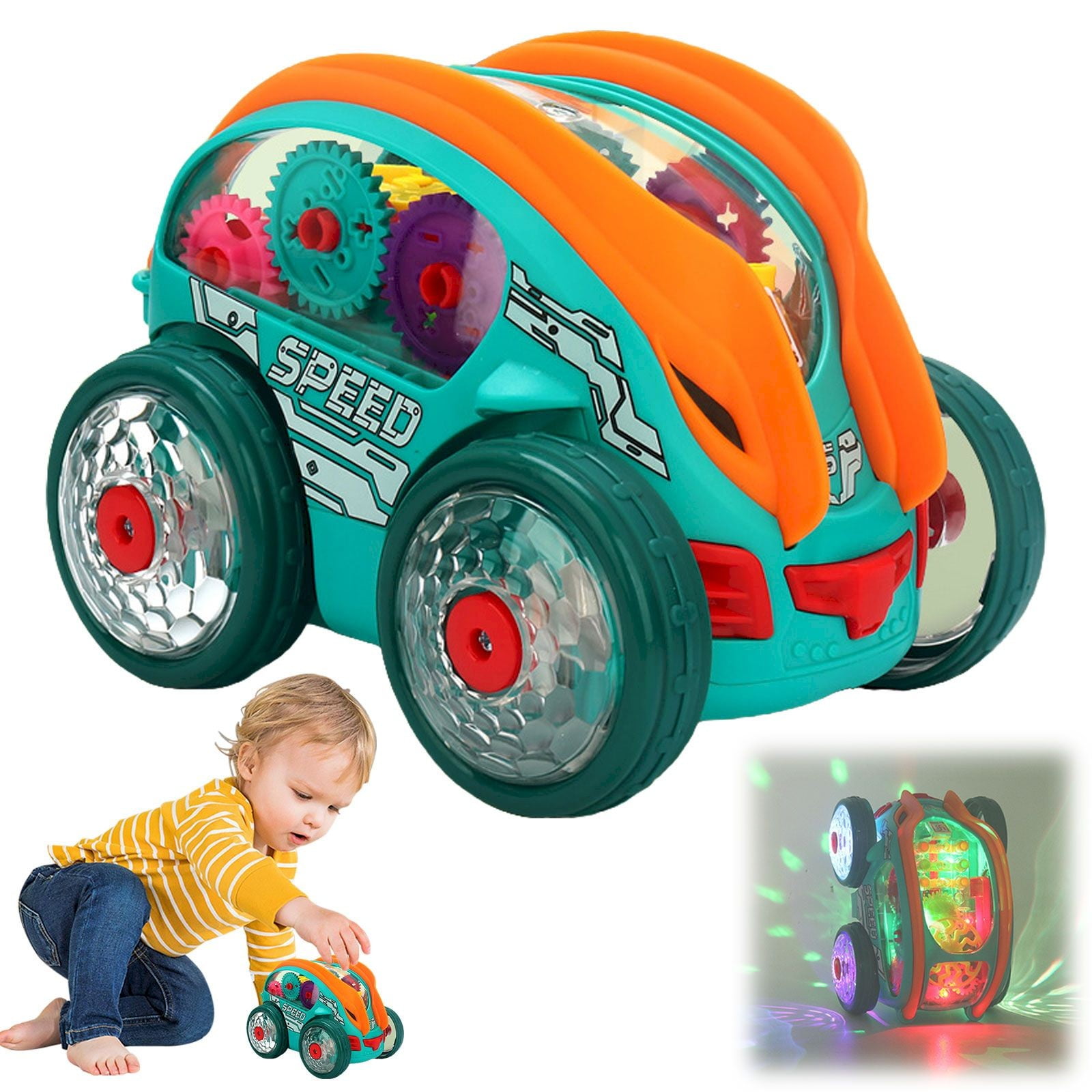 Powered Car With Led Lights Light Up Transparent Sensory Car Toy For Kids Bump And Go Toy Car ...