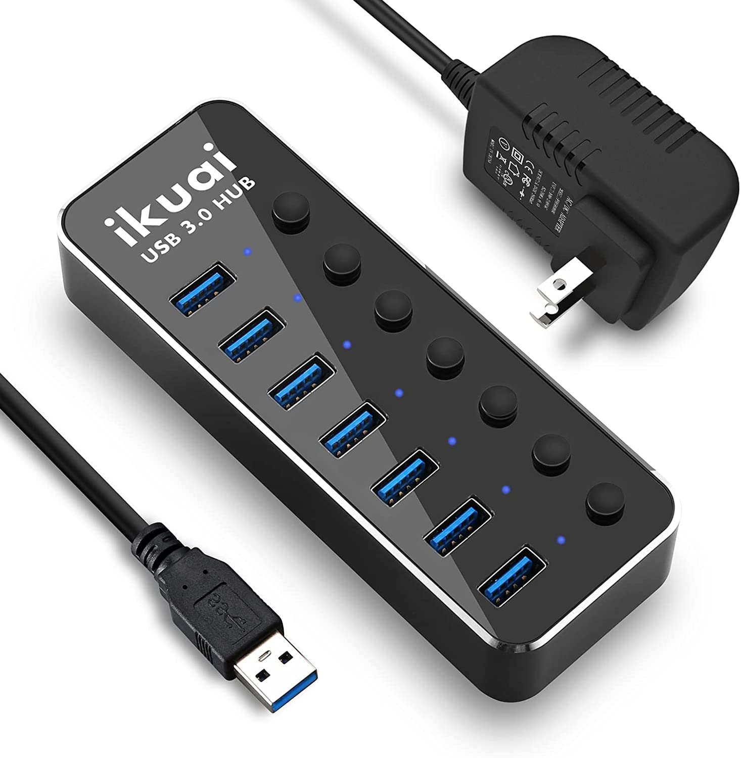 Powered USB 3.0 Hub, 7-Port Multiple USB Port Splitter, USB 3 Powered ...