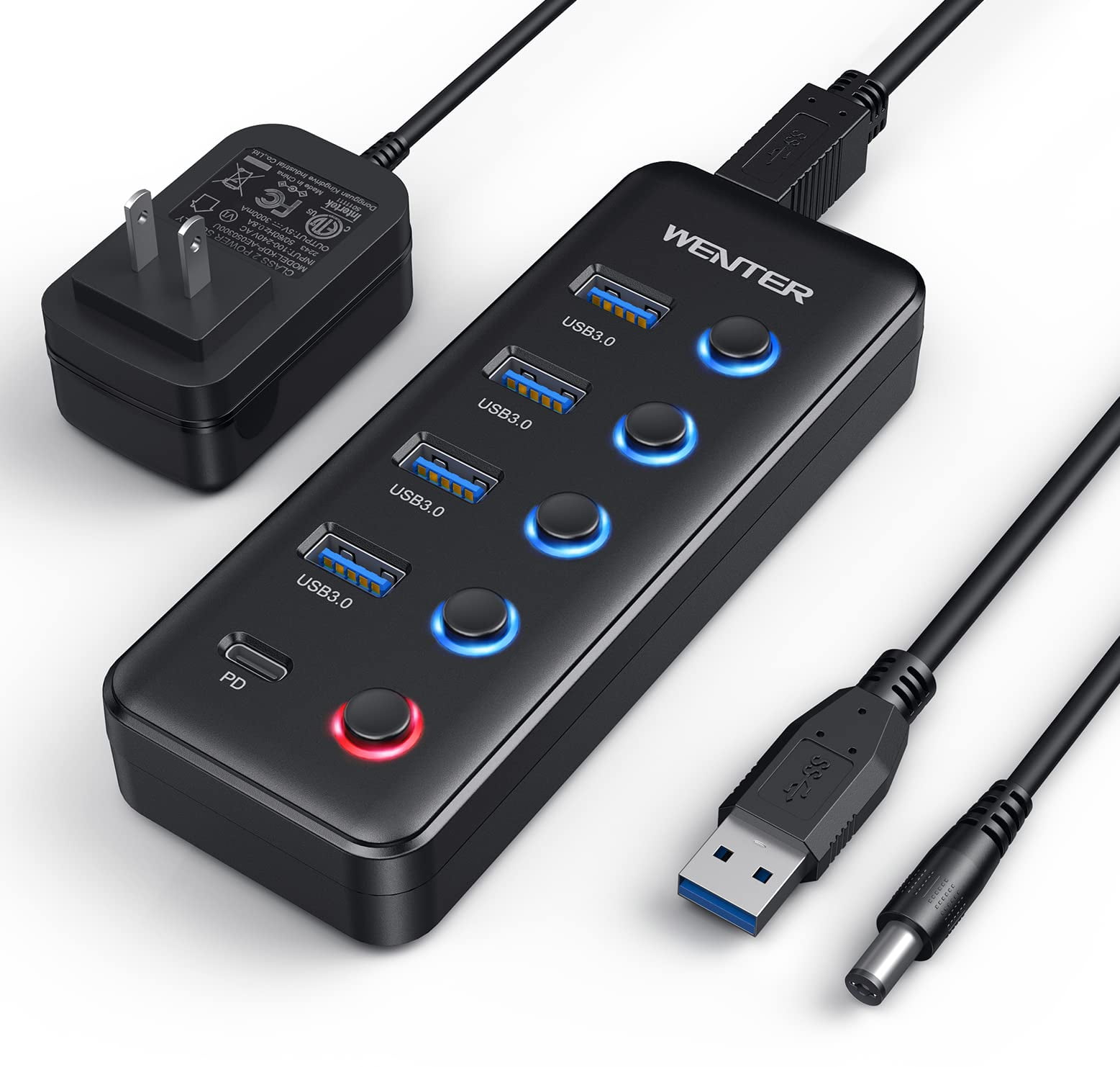 Powered USB 3.0 Hub, Wenter 5-Port USB Hub Splitter (4 Faster Data ...