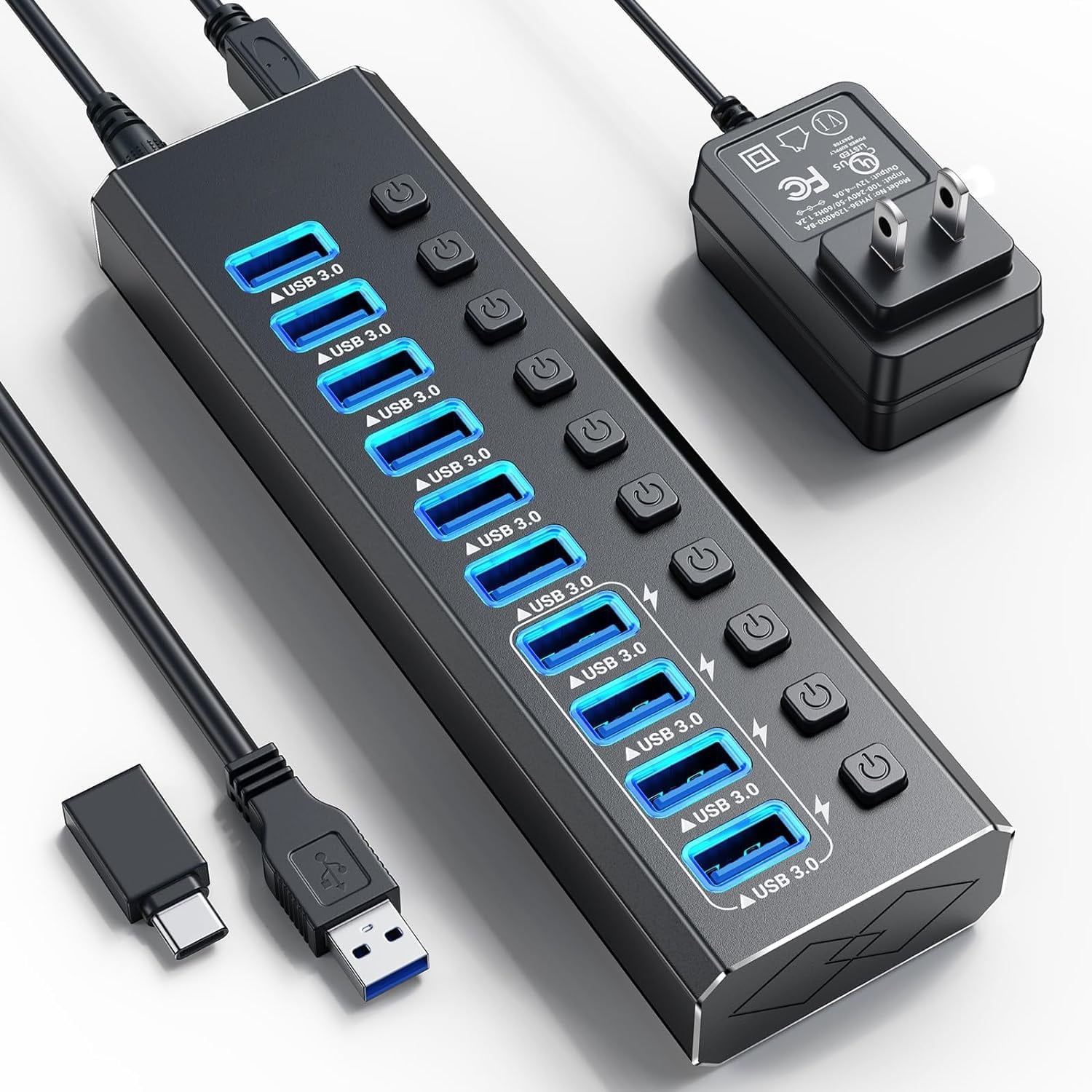 Powered USB Hub 3.0, 10-Port USB 3.0 Hub [Durable Aluminum] 10 Data Transfer Ports+ 4 Smart ...