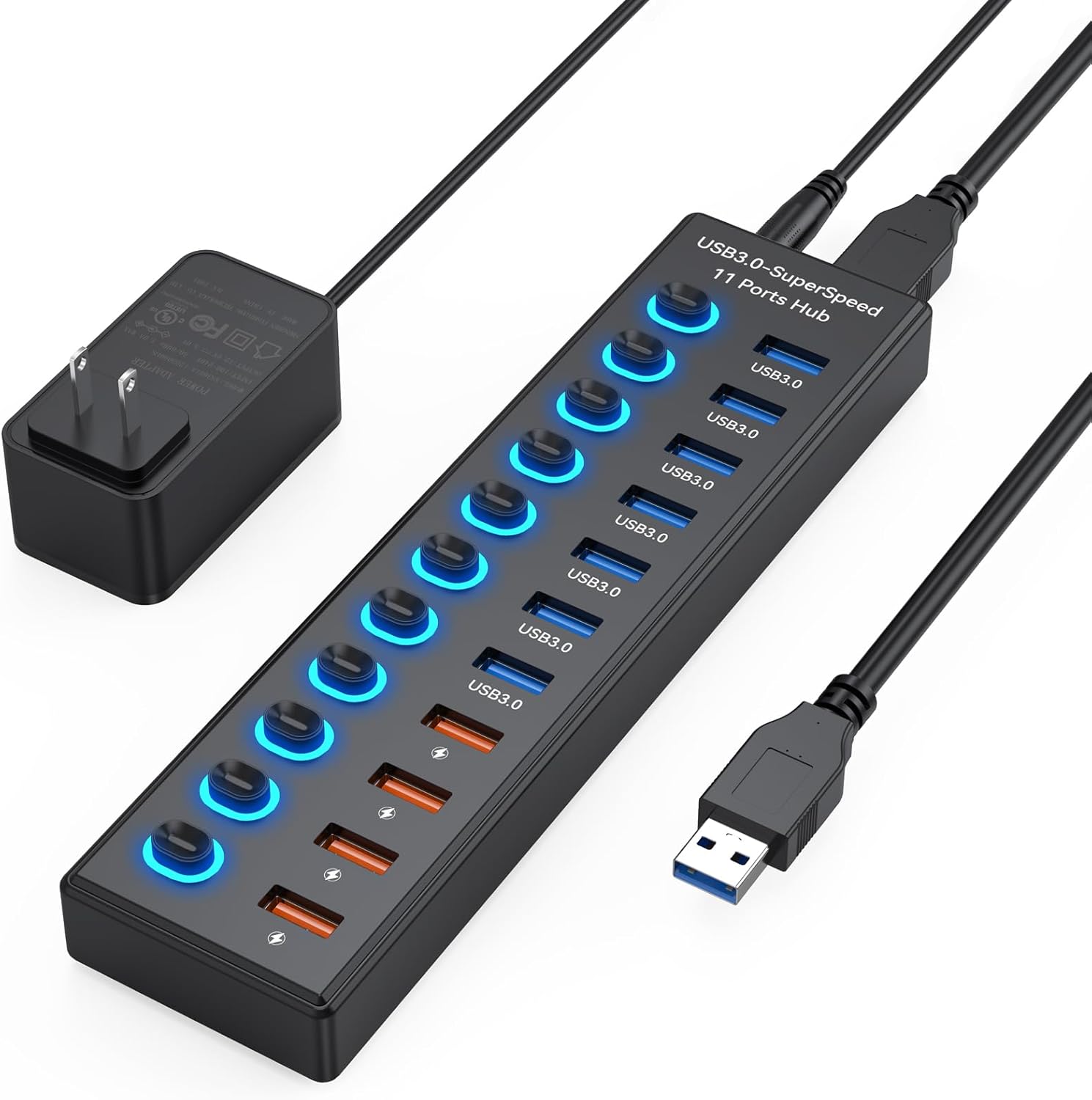 Powered USB Hub 3.0, 7 Data Ports + 4 Charging Ports USB Extender Cord 3FT Multiport USB 3.0 ...