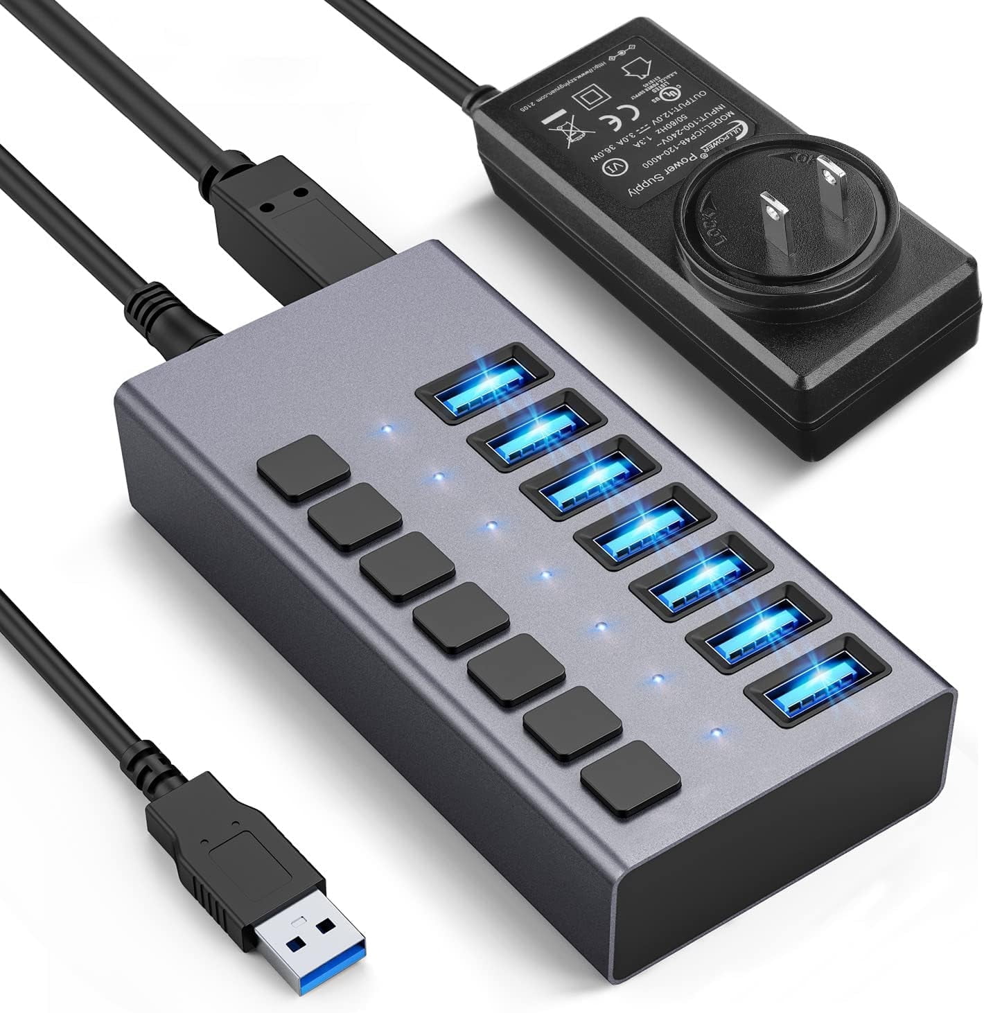 Powered USB Hub - 7 Ports 36W USB 3.0 Data Port & Charge Port, Aluminum ...