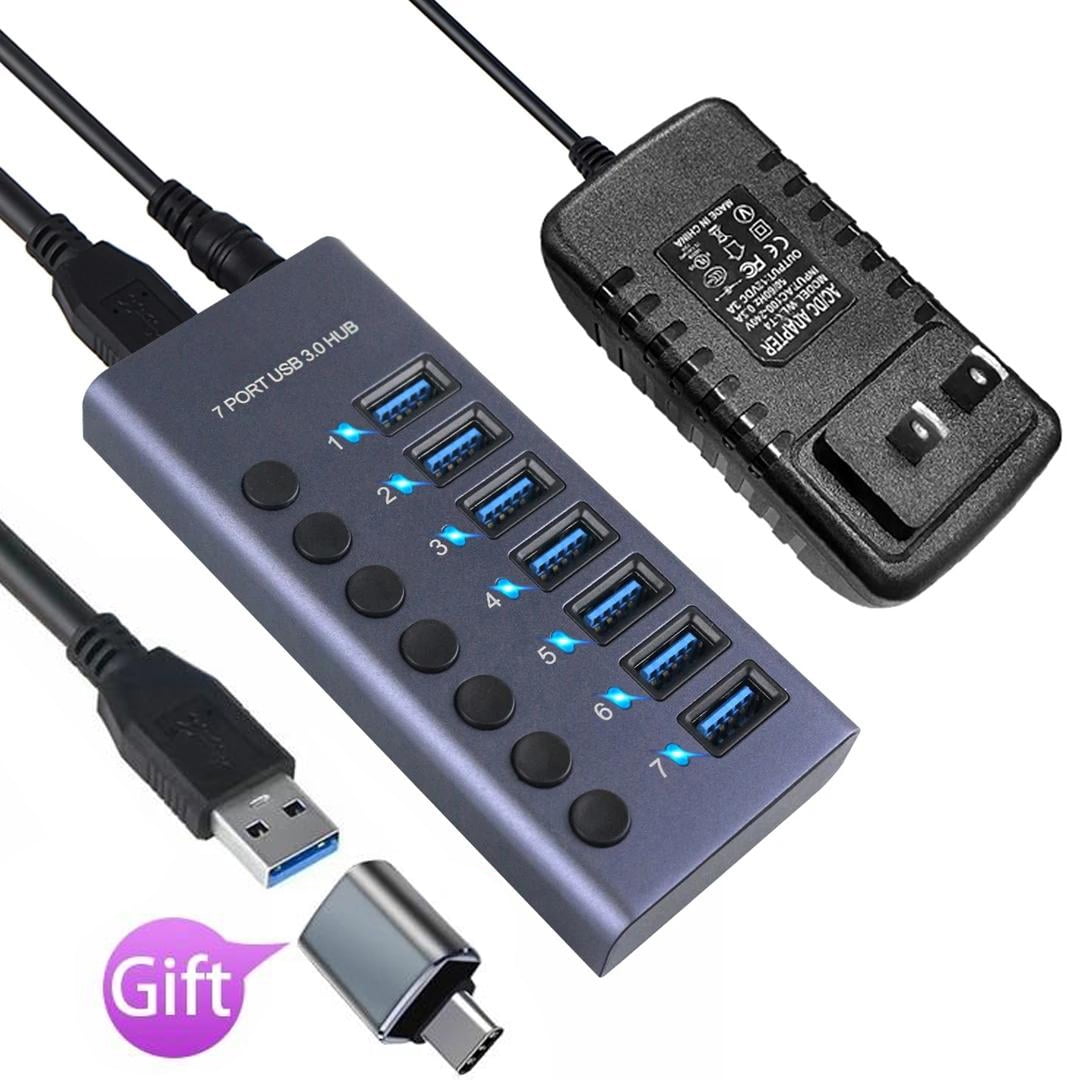 Powered USB Hub, AUBEAMTO Aluminum 7-Port USB 3.0 Hub with 7 USB 3.0 Data Transfer Ports, USB ...