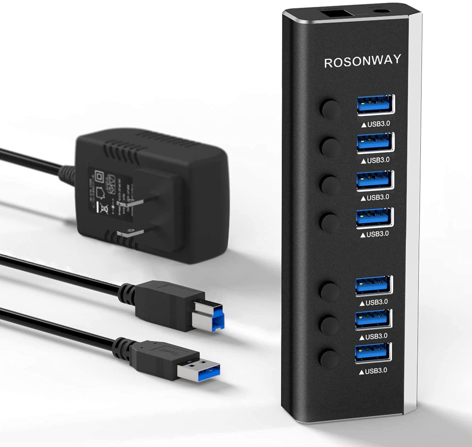 ROSONWAY Aluminum 7-Port USB 3.0 Hub with AC Adapter and Data Cable, Computer Splitter with ...