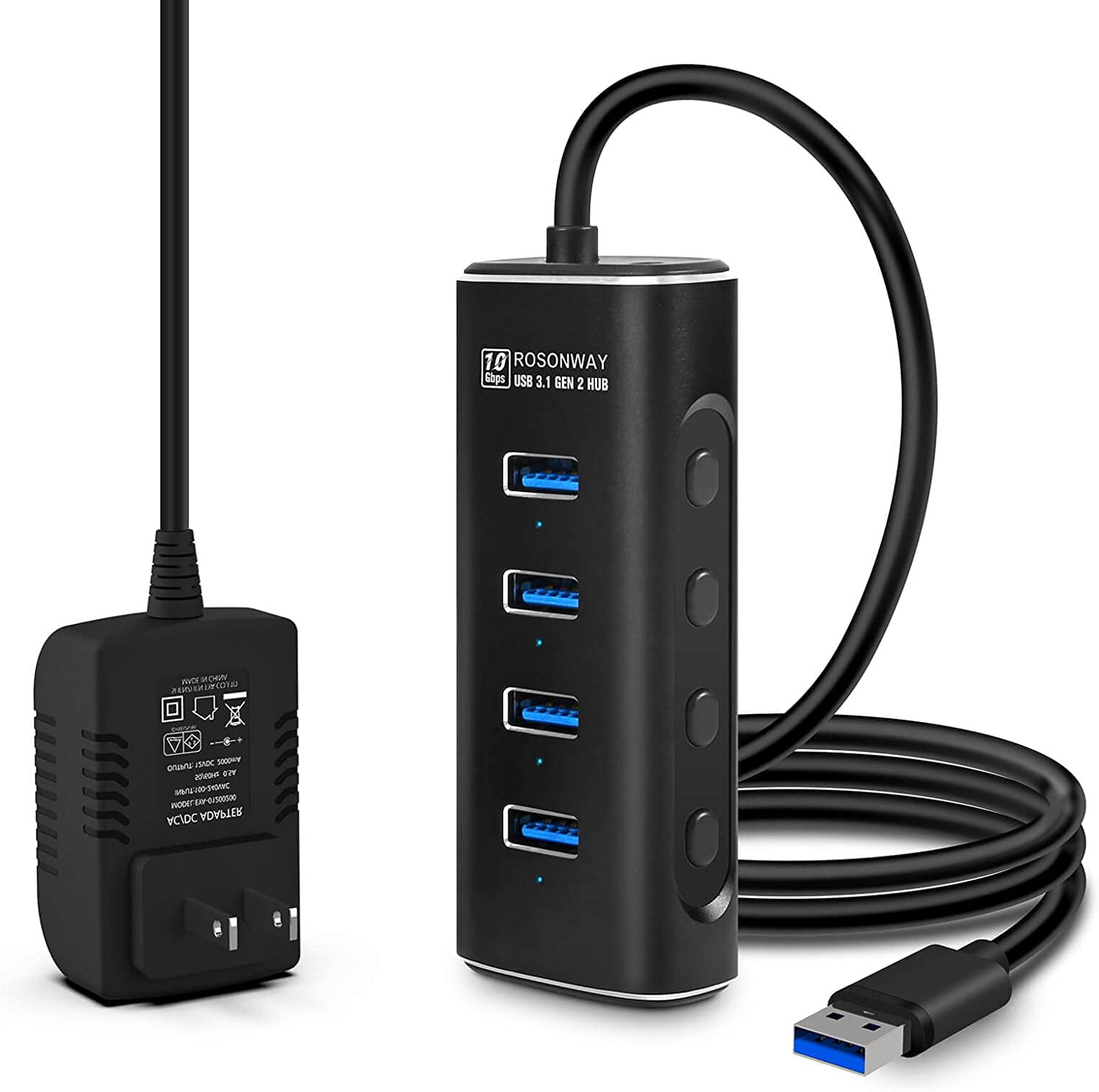Powered USB Hub, Rosonway 4 Ports USB 3.1/3.2 Gen 2 Hub 10Gbps with 3 ...