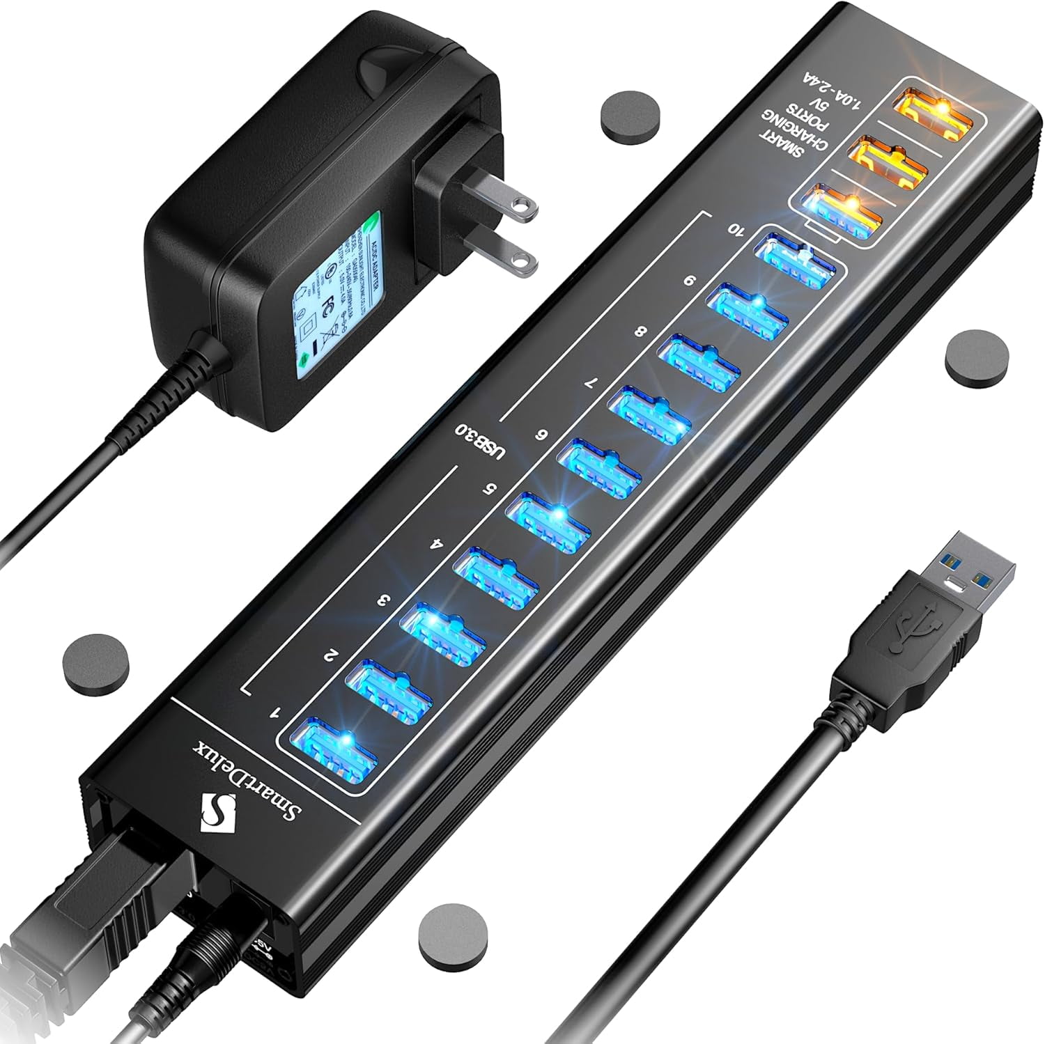Powered USB Hub - USB 3.0 Ports Hub with 3 Smart Charging Ports, Power ...
