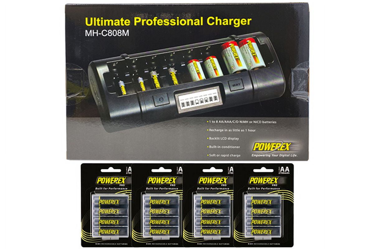 Powerex MH-C808M 8 Bay LCD Charger + 16 AA NiMH Powerex PRO Rechargeable Batteries (2700 mAh ...
