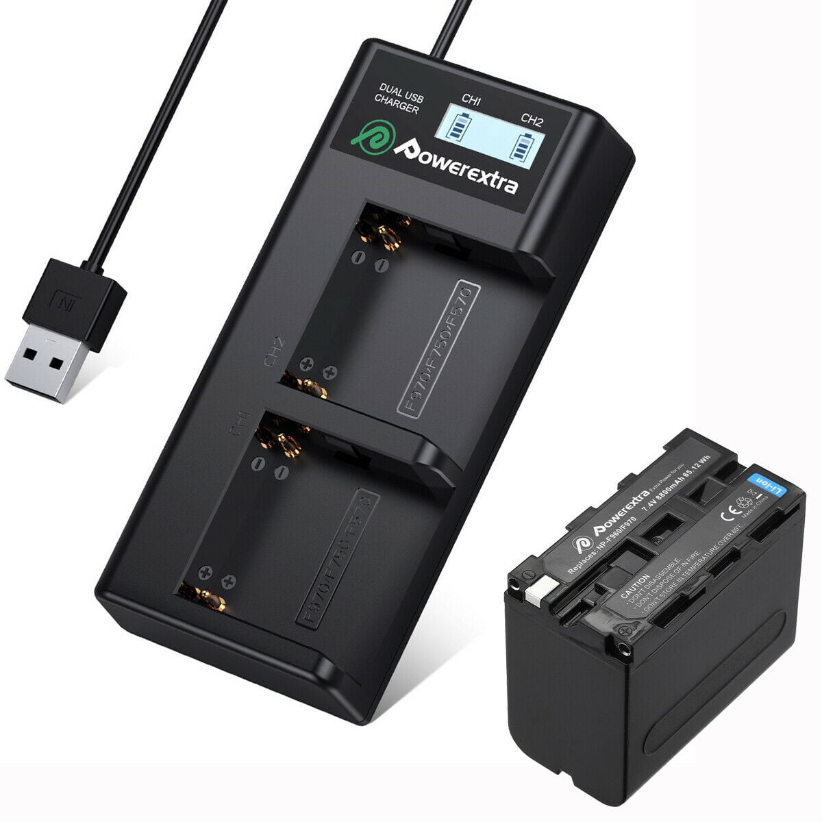 Powerextra 7.4V NP-F950 Battery & Dual Charger for Sony NP-F970 NP-F960 ...