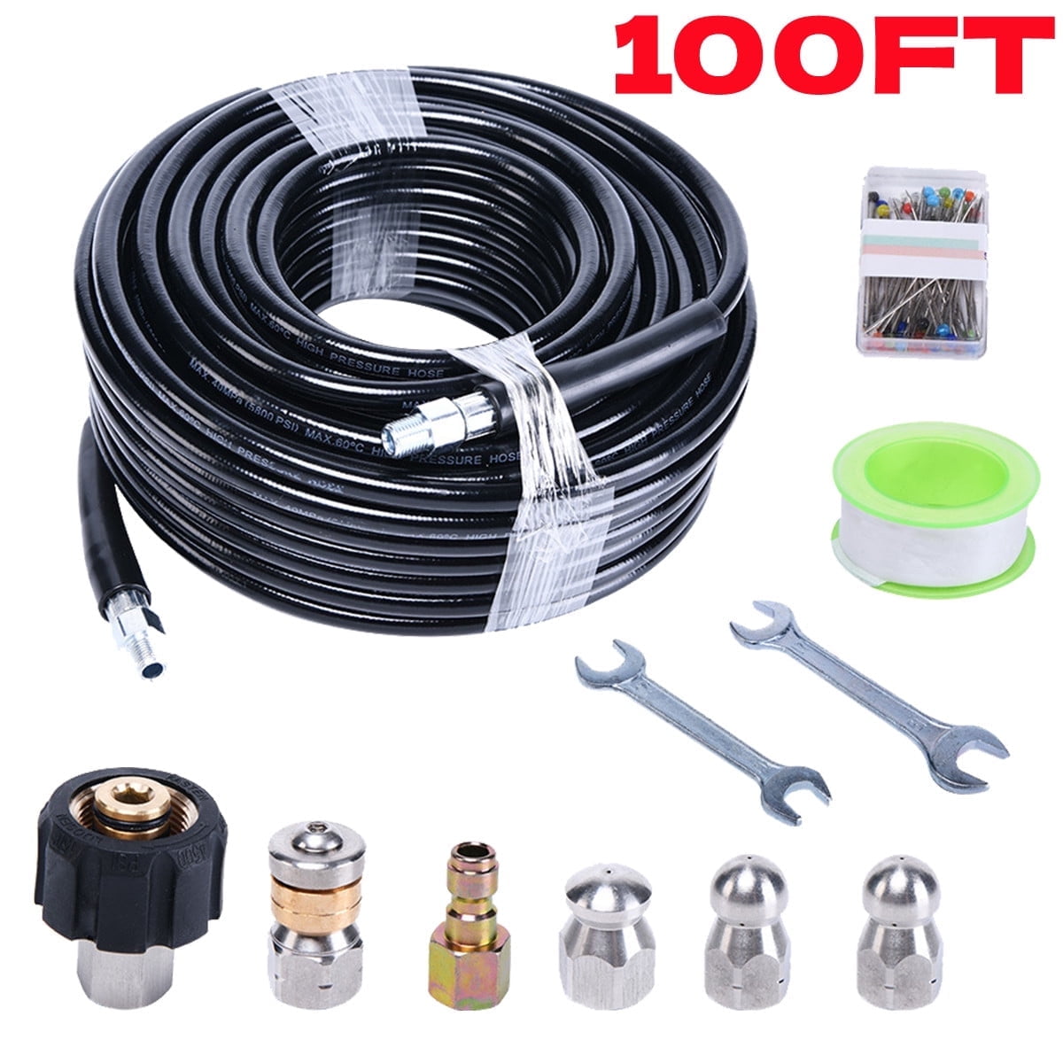 5800PSI Power Washer Jetter Kit, 100FT Hose, Surface & Drain Cleaner ...