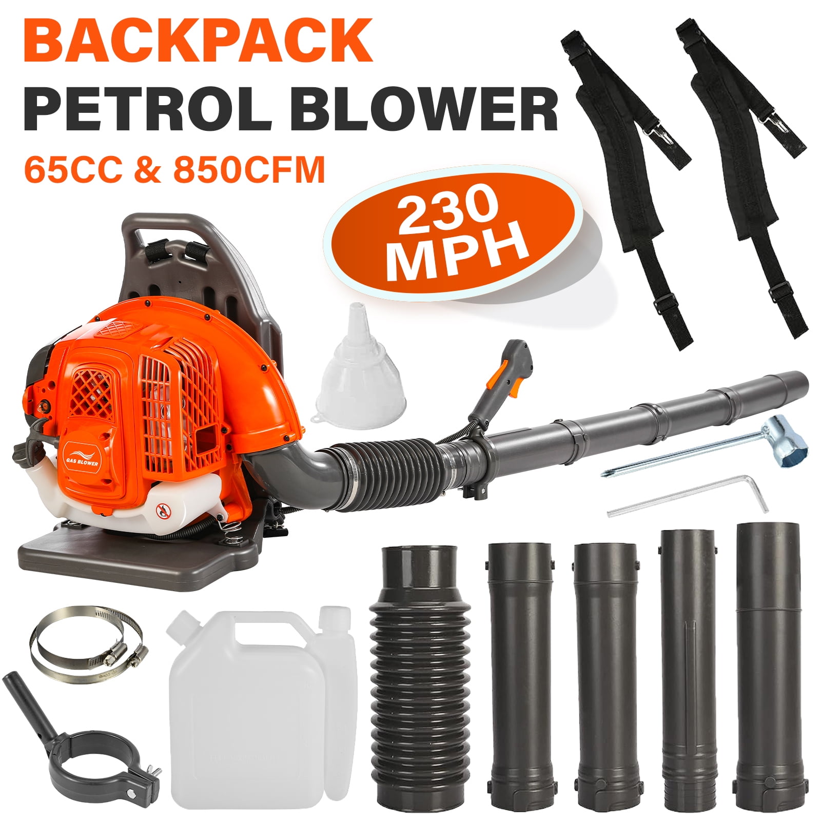 QHBOW Gas-Powered Backpack Leaf Blower, 65CC, 2-Stroke, 230 MPH, 850 ...