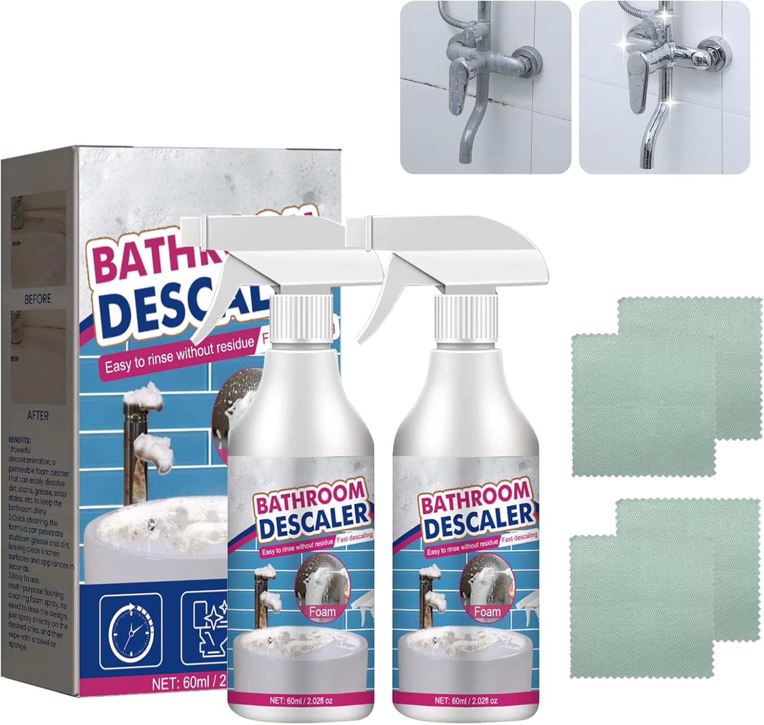 Powerful Bathroom Descaler & Foam Cleaner Spray (2-Pack), No-Scrub ...