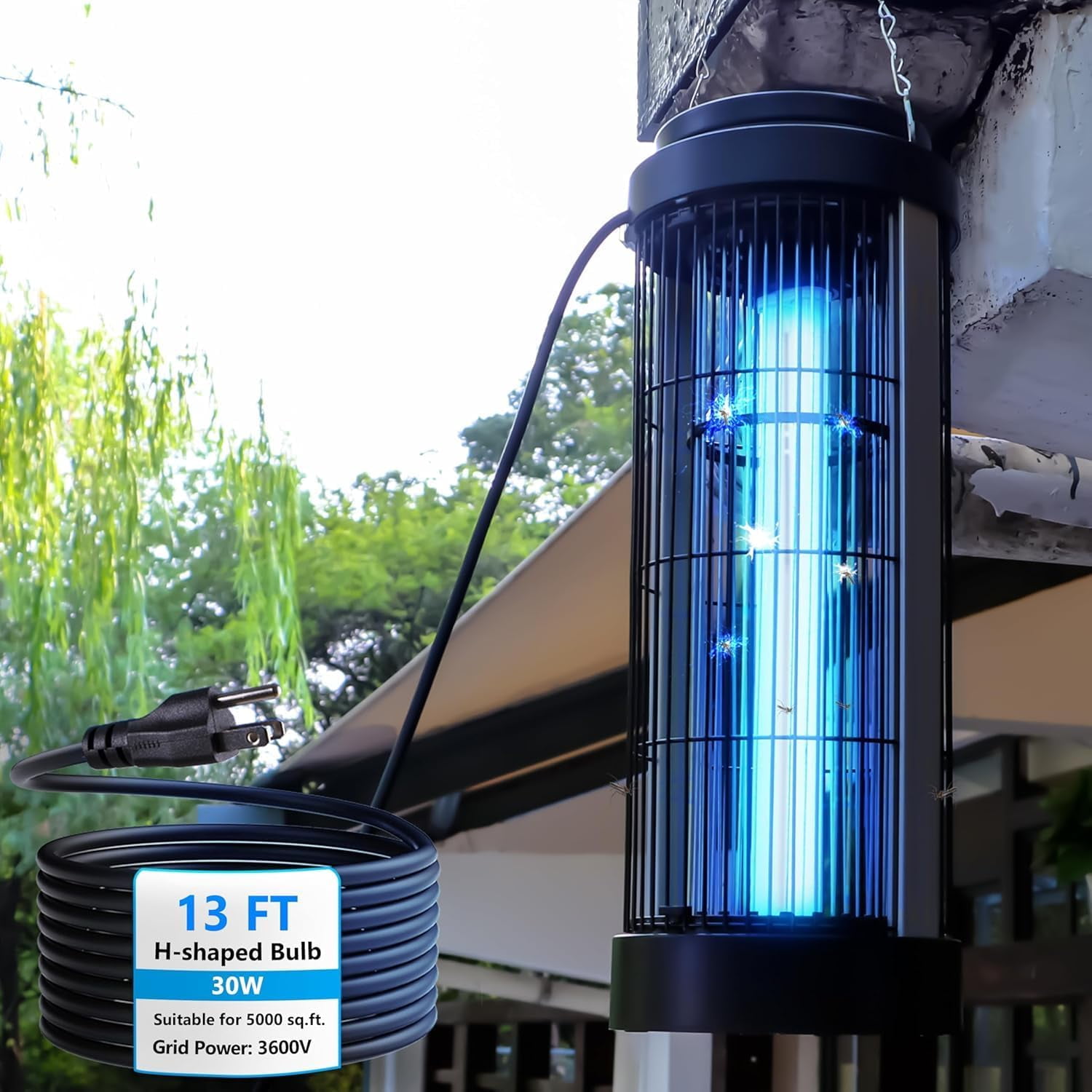 Powerful Bug Zapper Outdoor for 5000 Sq.Ft. with 13 FT Power Cord, 3600 V Instant Killing Grid ...