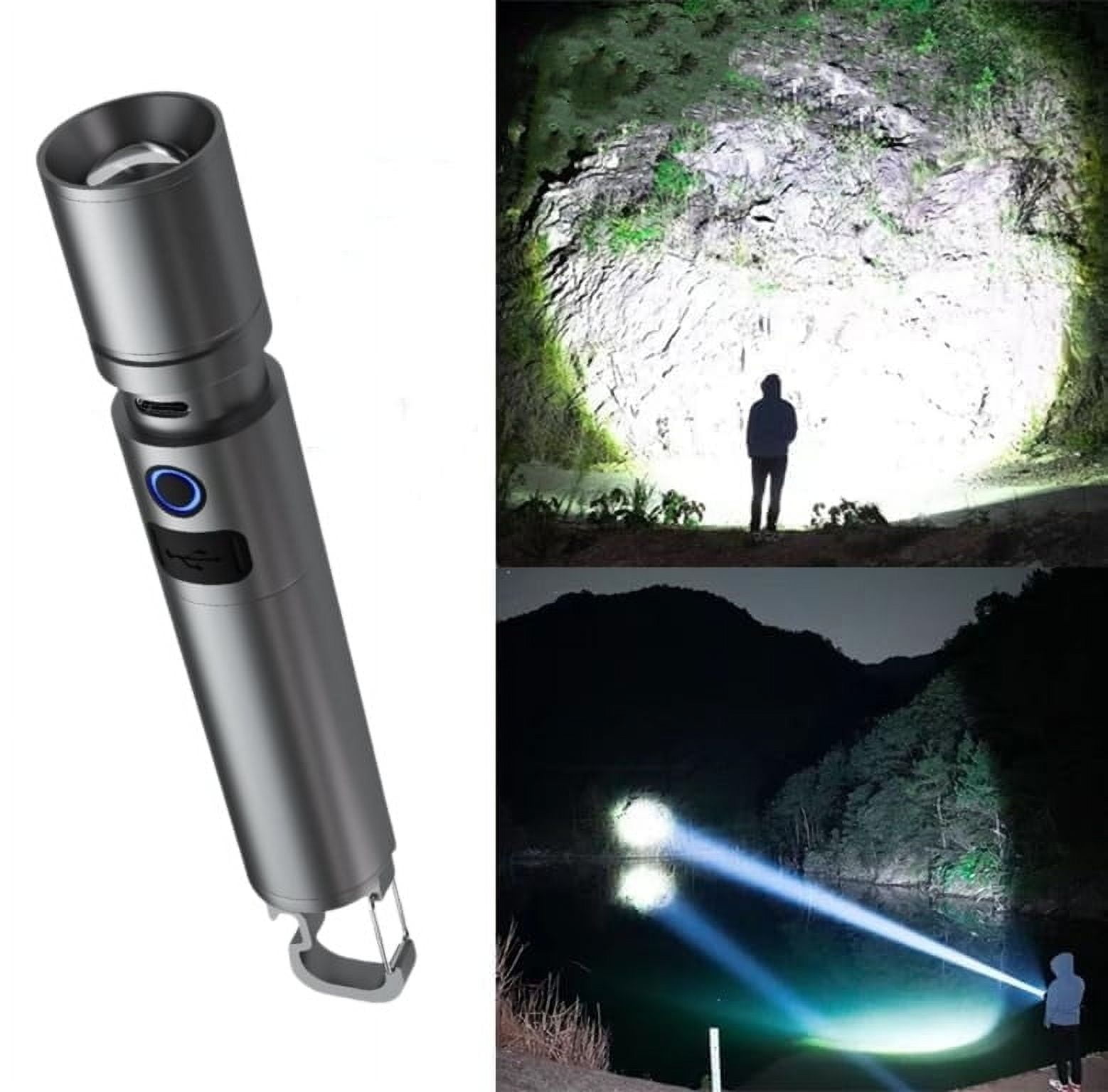 Powerful Long range LED Flashlight with USB Rechargeable Power Bank and ...