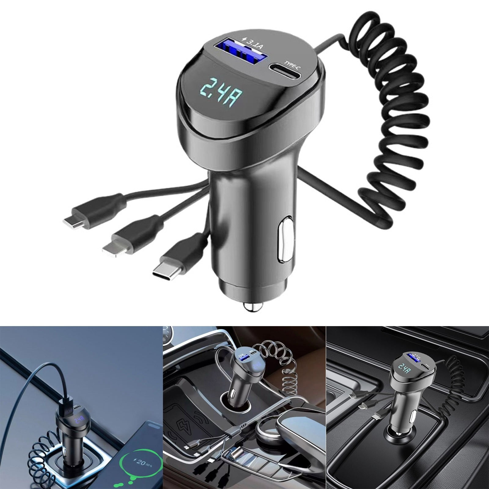 Powerful New Car Charger - Three - In - One Retractable Fast Charging ...
