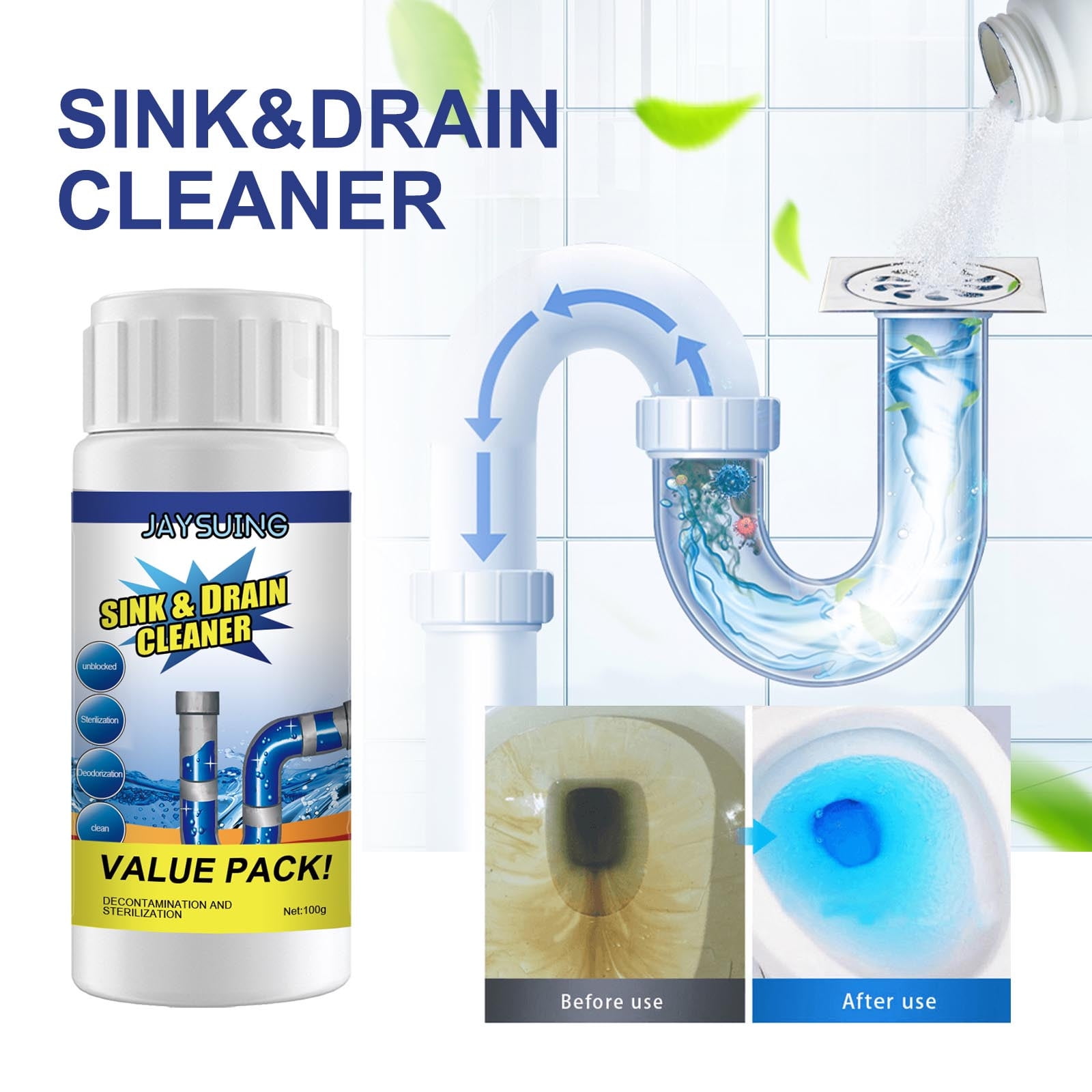 Powerful Sink Drain Cleaner Powder | Enzyme-Based Chemical Pipe ...