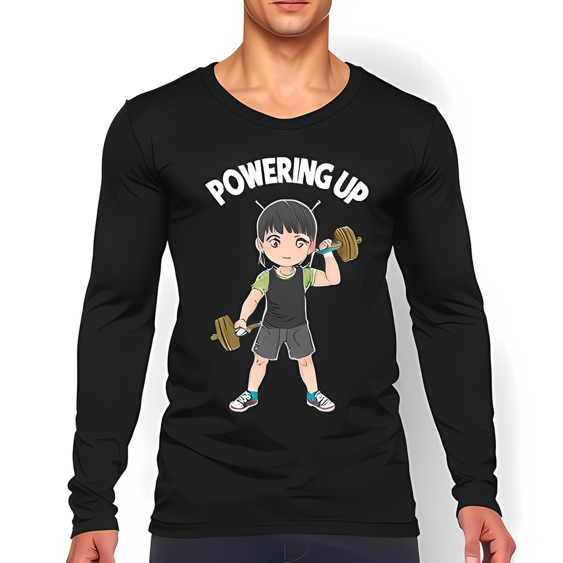 Powering Up Cartoon Girl Lifting Barbell Long Sleeve Black T-Shirt ...