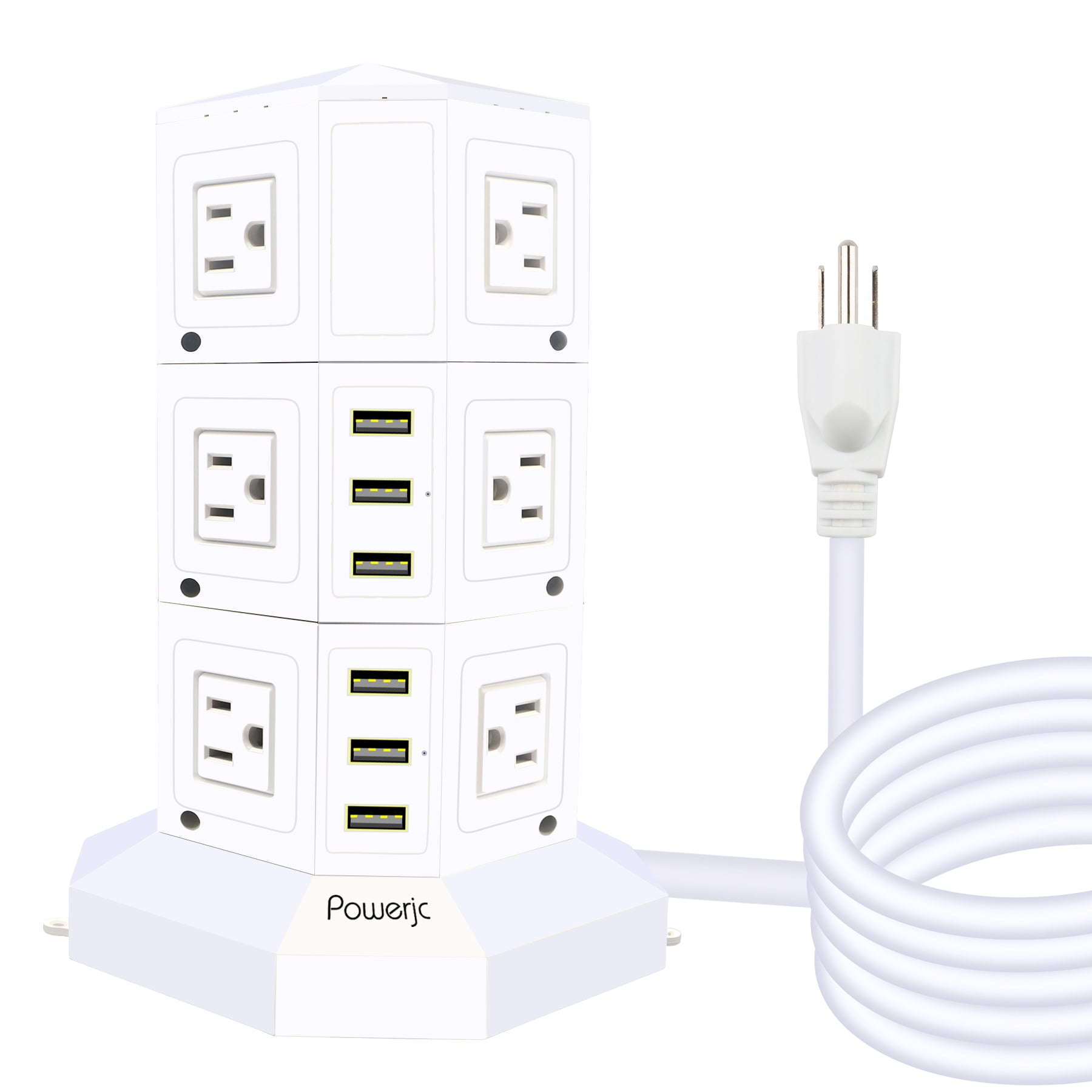 Powerjc Tower Power Strip Surge Protector 12 AC Outlets with 6 Ports ...