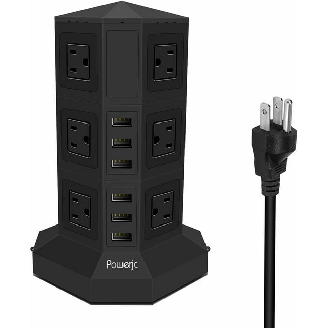 Powerjc Tower Power Strip Surge Protector Socket 12 AC Outlets Smart 6 ...
