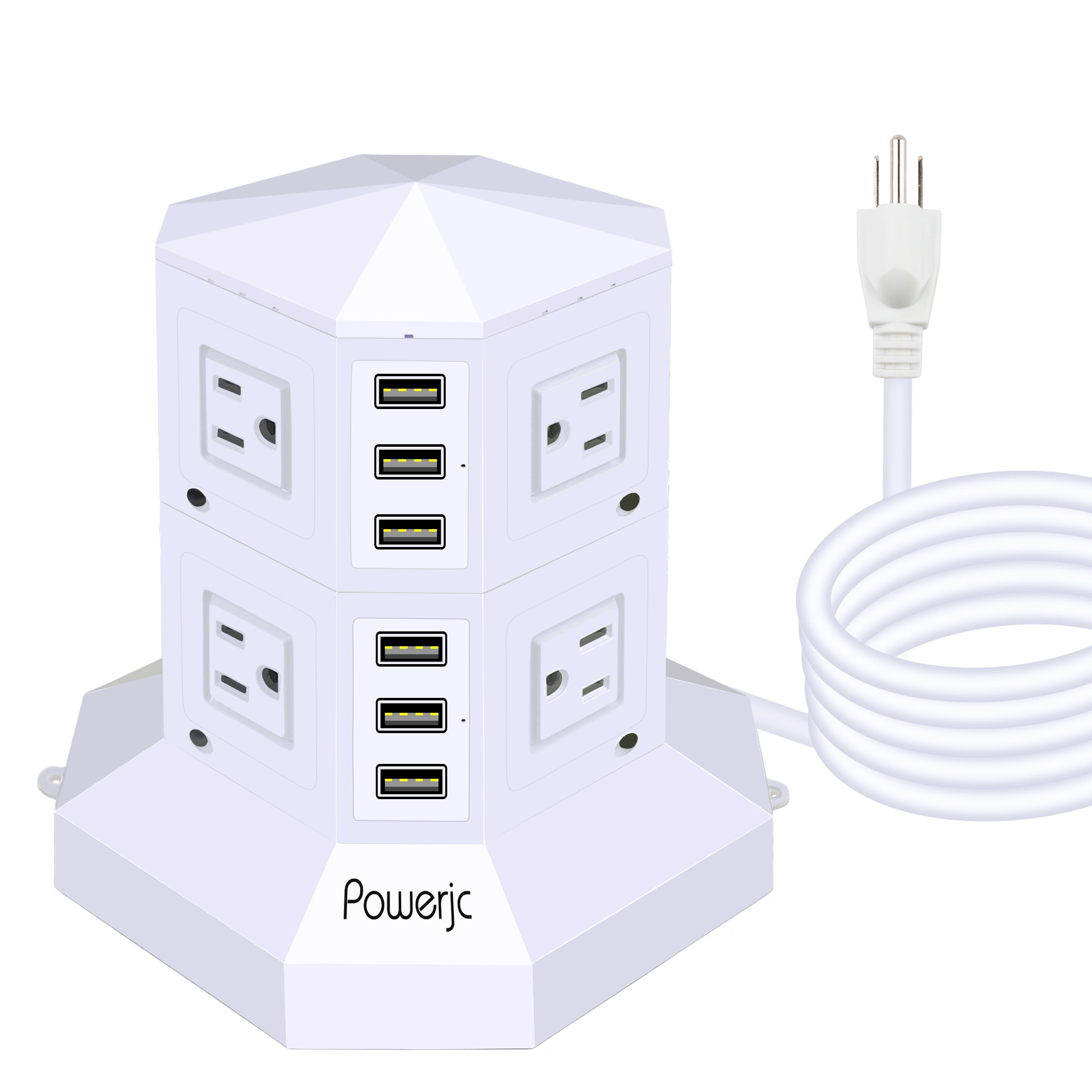 Powerjc Tower Power Strip Surge Protector Socket 8 AC Outlets with 6 ...