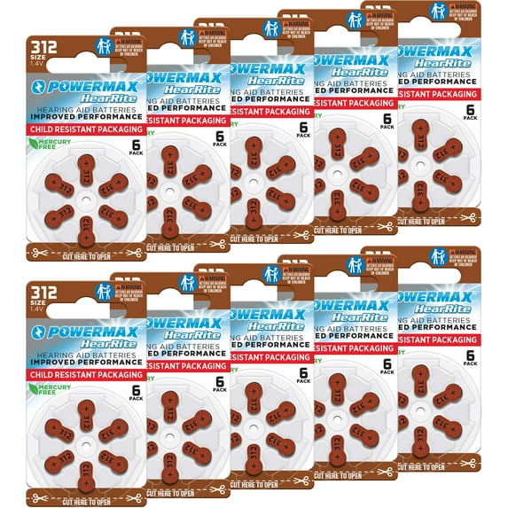 Powermax Size 312 Hearing Aid Batteries, 60 Count Long-Lasting Battery ...