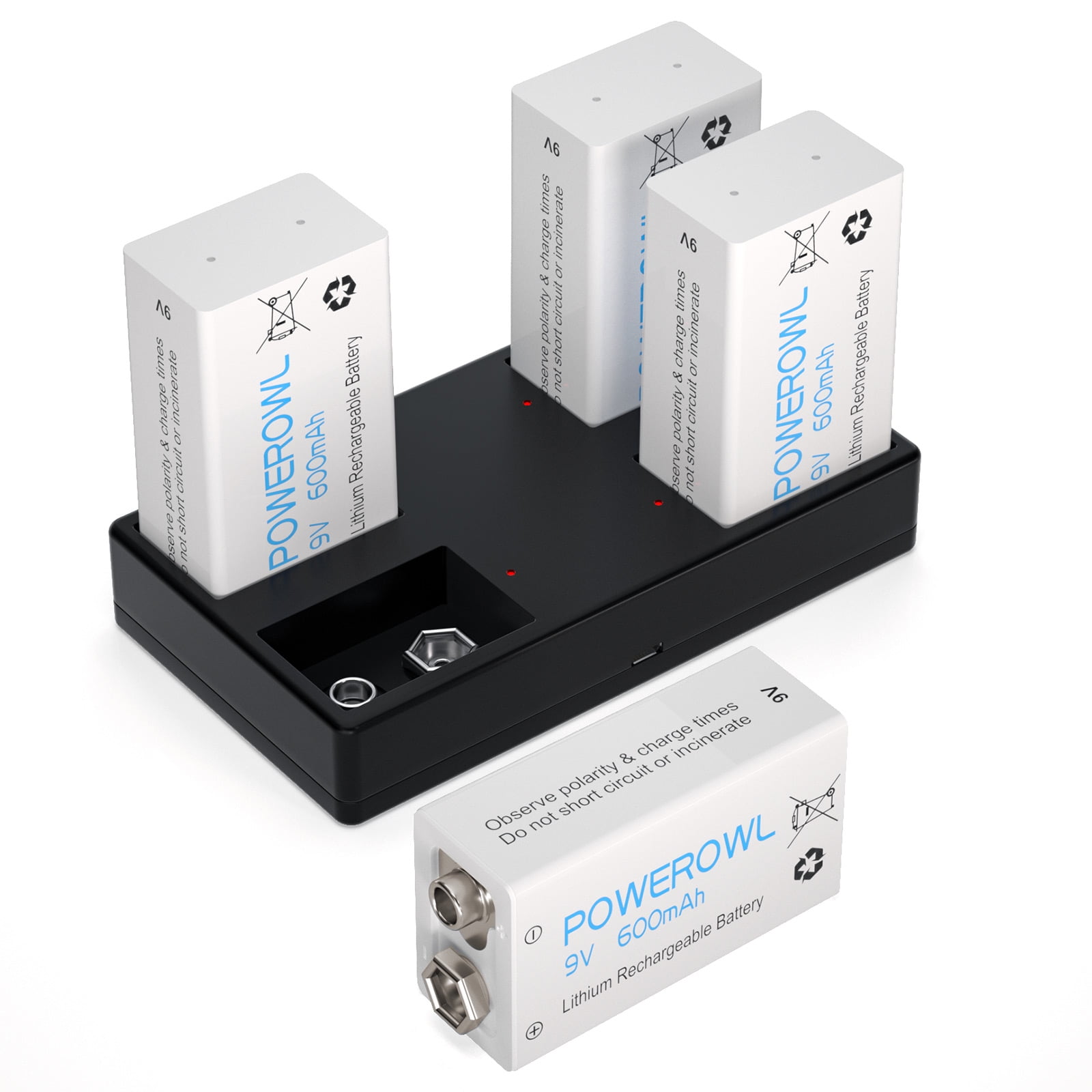 POWEROWL 9V Rechargeable Batteries 600mAh, 4-Pack NiMH with 4-Bay ...