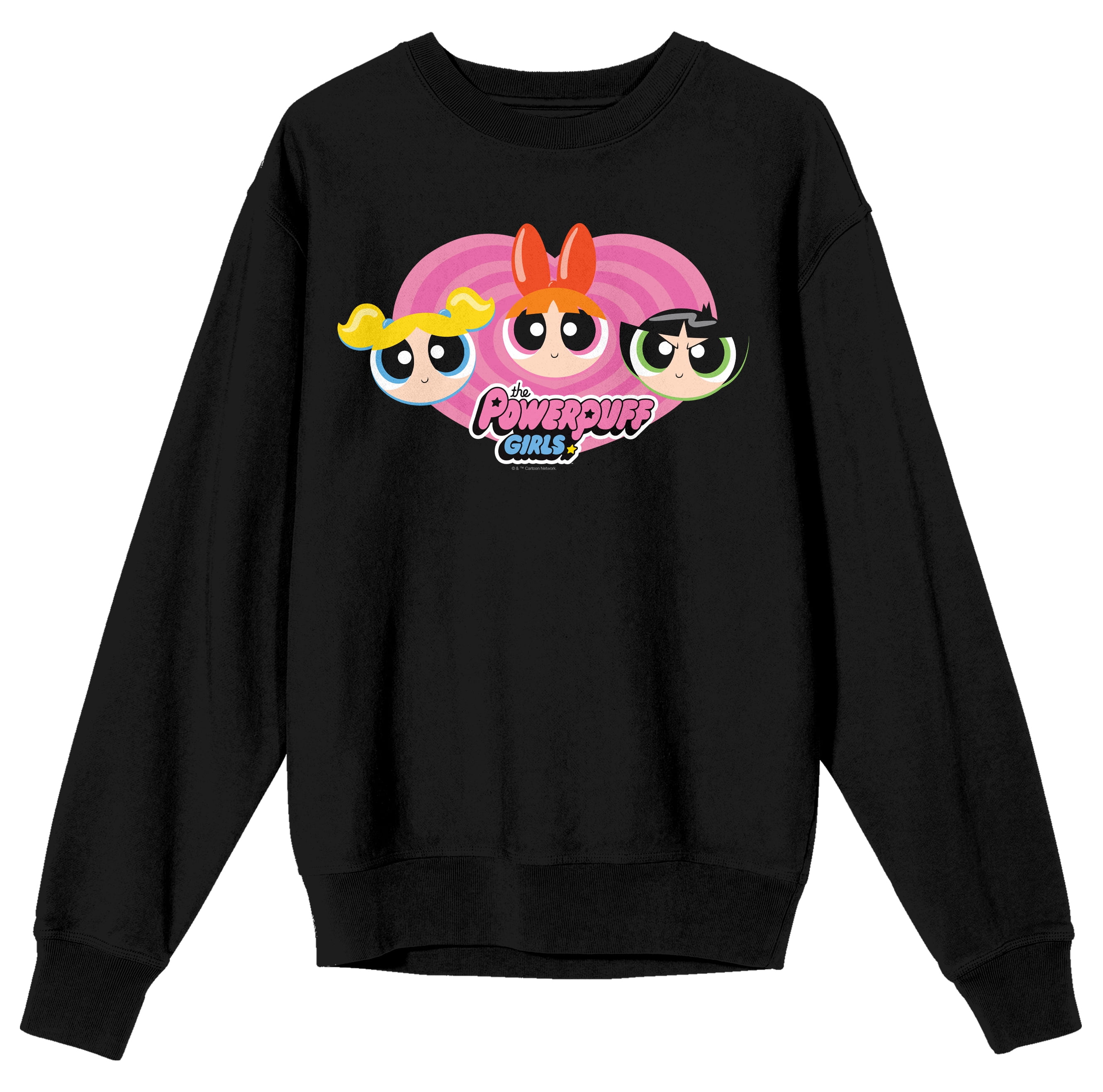 Powerpuff Girls Pink Heart With Characters' Faces Adult Black Crew Neck ...