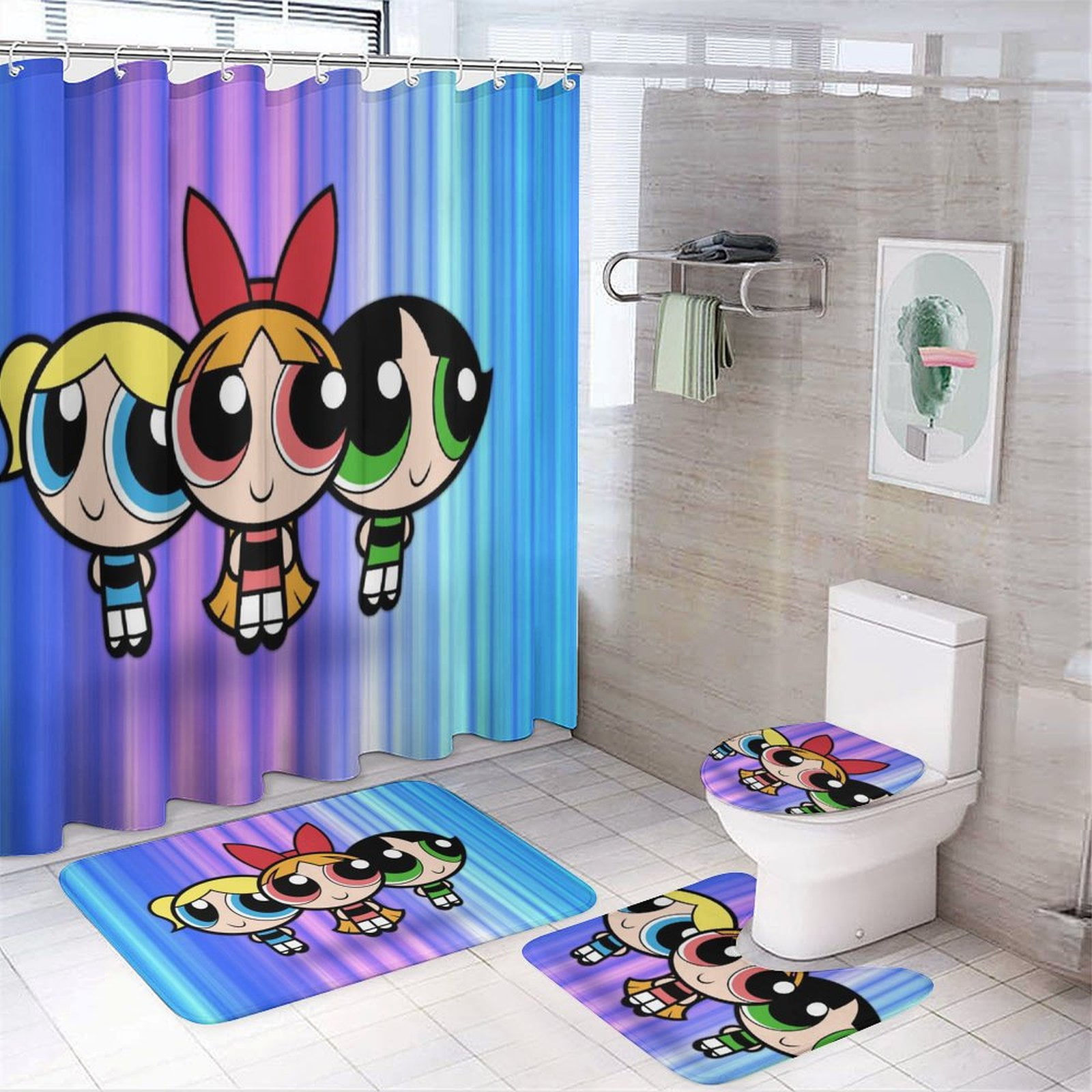 Powerpuff Girls Shower Curtain Set with Non-Slip Rug, Toilet Lid Cover ...